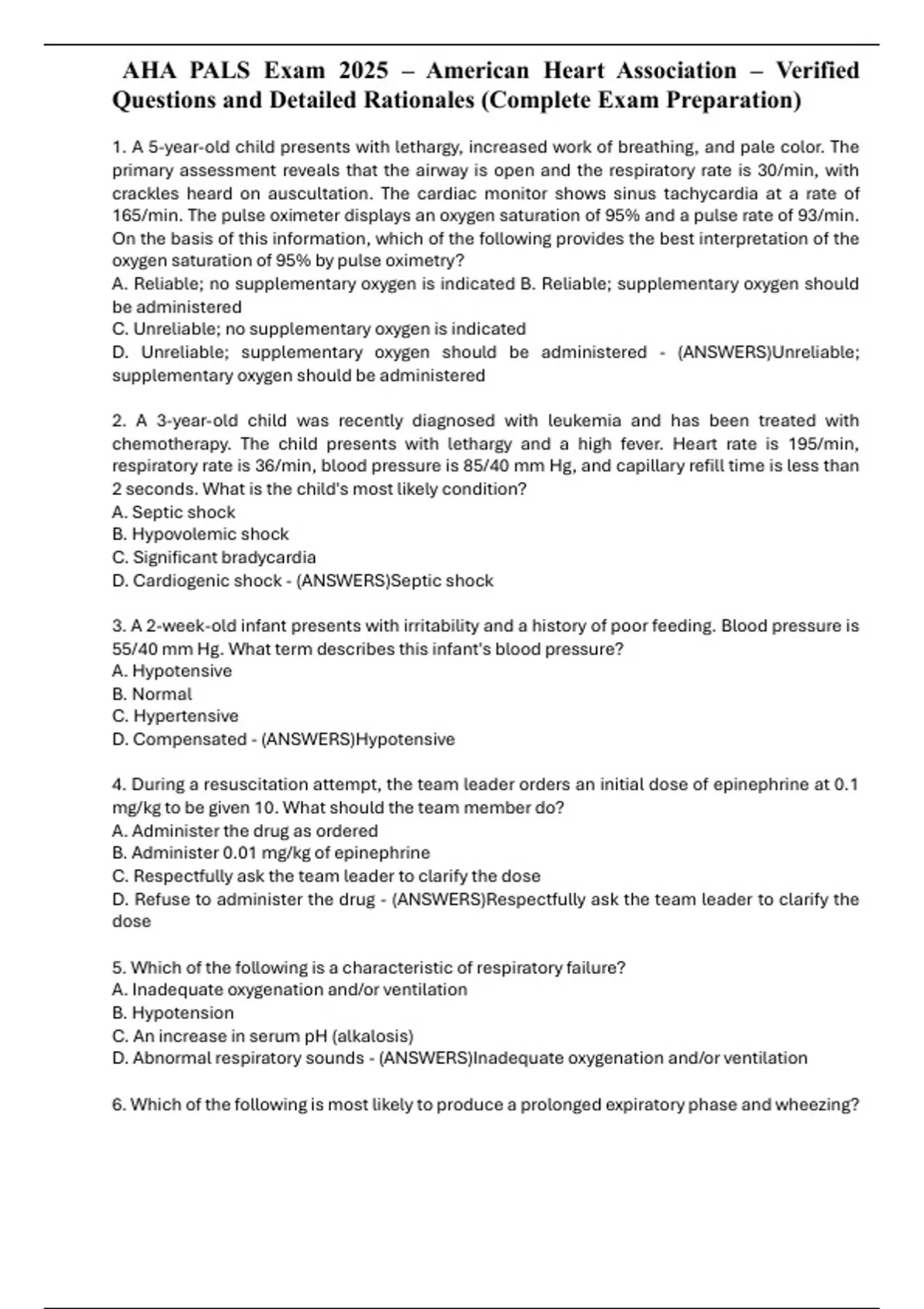 AHA PALS Exam 2025 – American Heart Association – Verified Questions ...