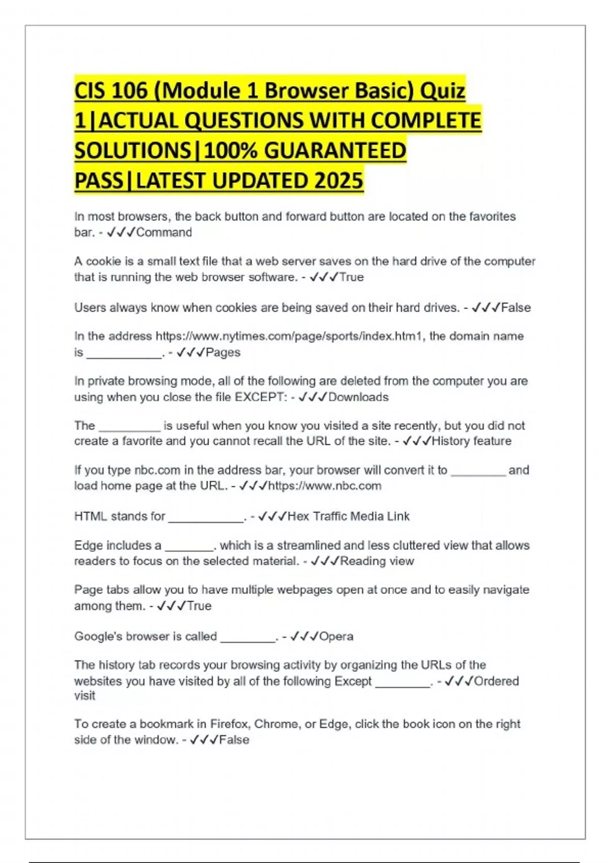 CIS 106 (Module 1 Browser Basic) Quiz 1|ACTUAL QUESTIONS WITH COMPLETE ...