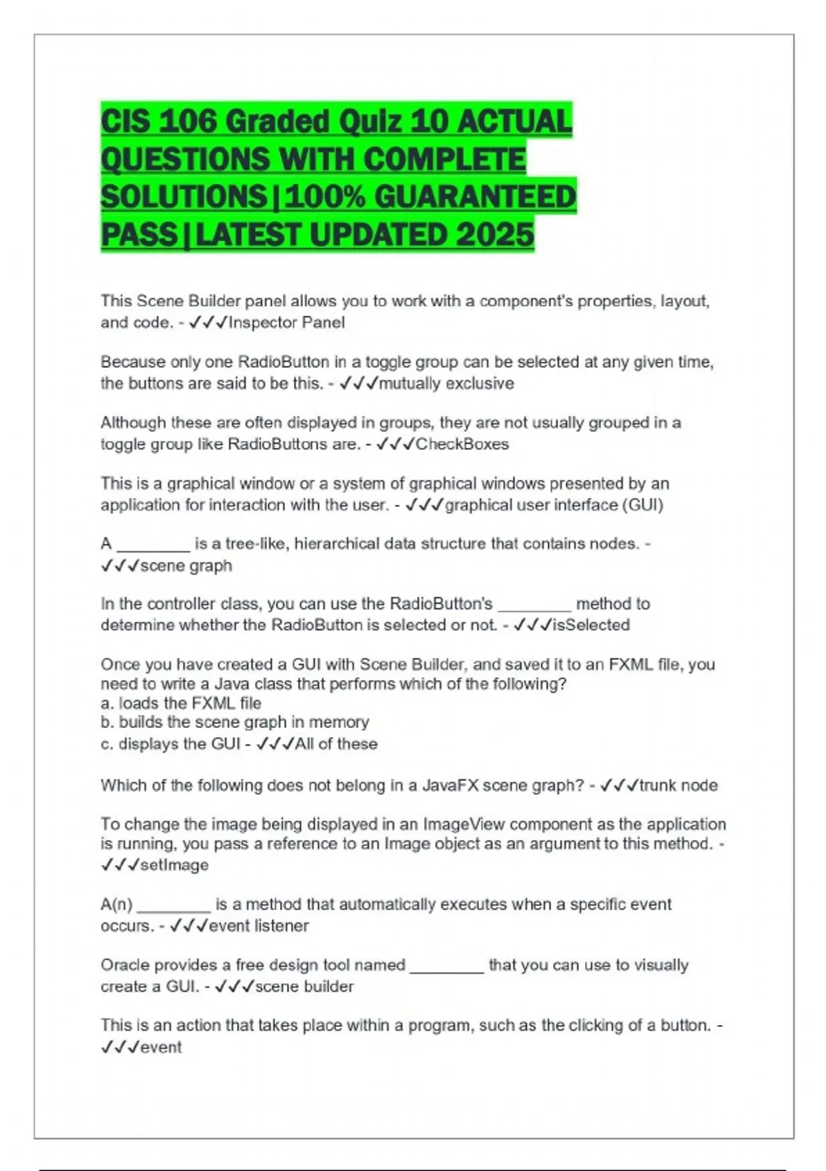 CIS 106 Graded Quiz 10 ACTUAL QUESTIONS WITH COMPLETE SOLUTIONS|100% ...