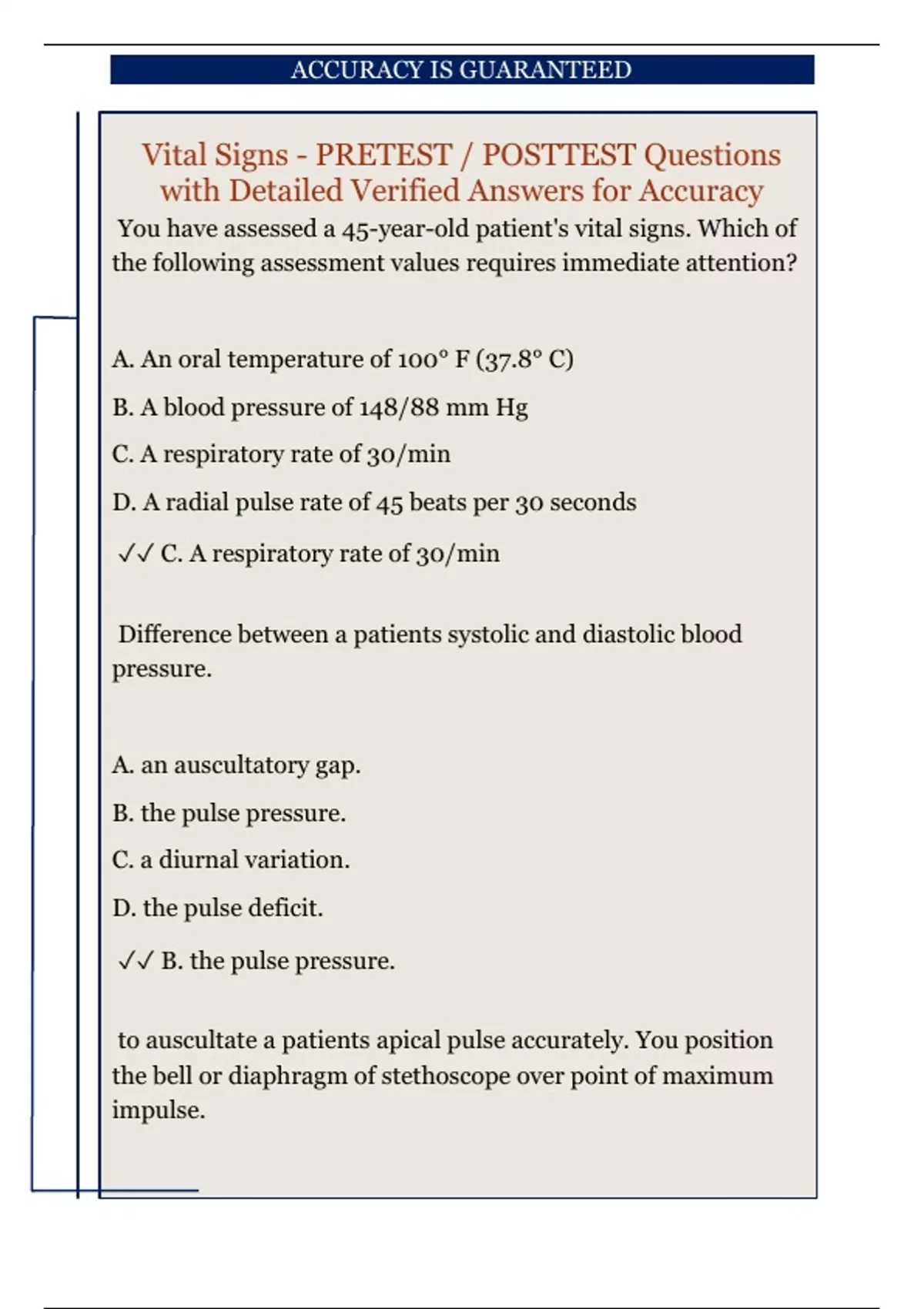 Vital Signs - PRETEST / POSTTEST Questions with Detailed Verified ...