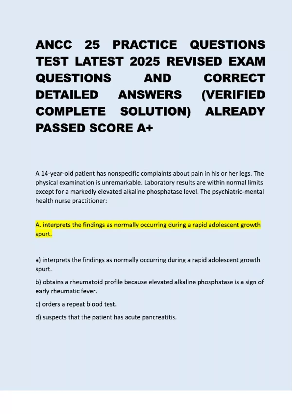 ANCC 25 PRACTICE QUESTIONS TEST LATEST 2025 REVISED EXAM QUESTIONS AND ...