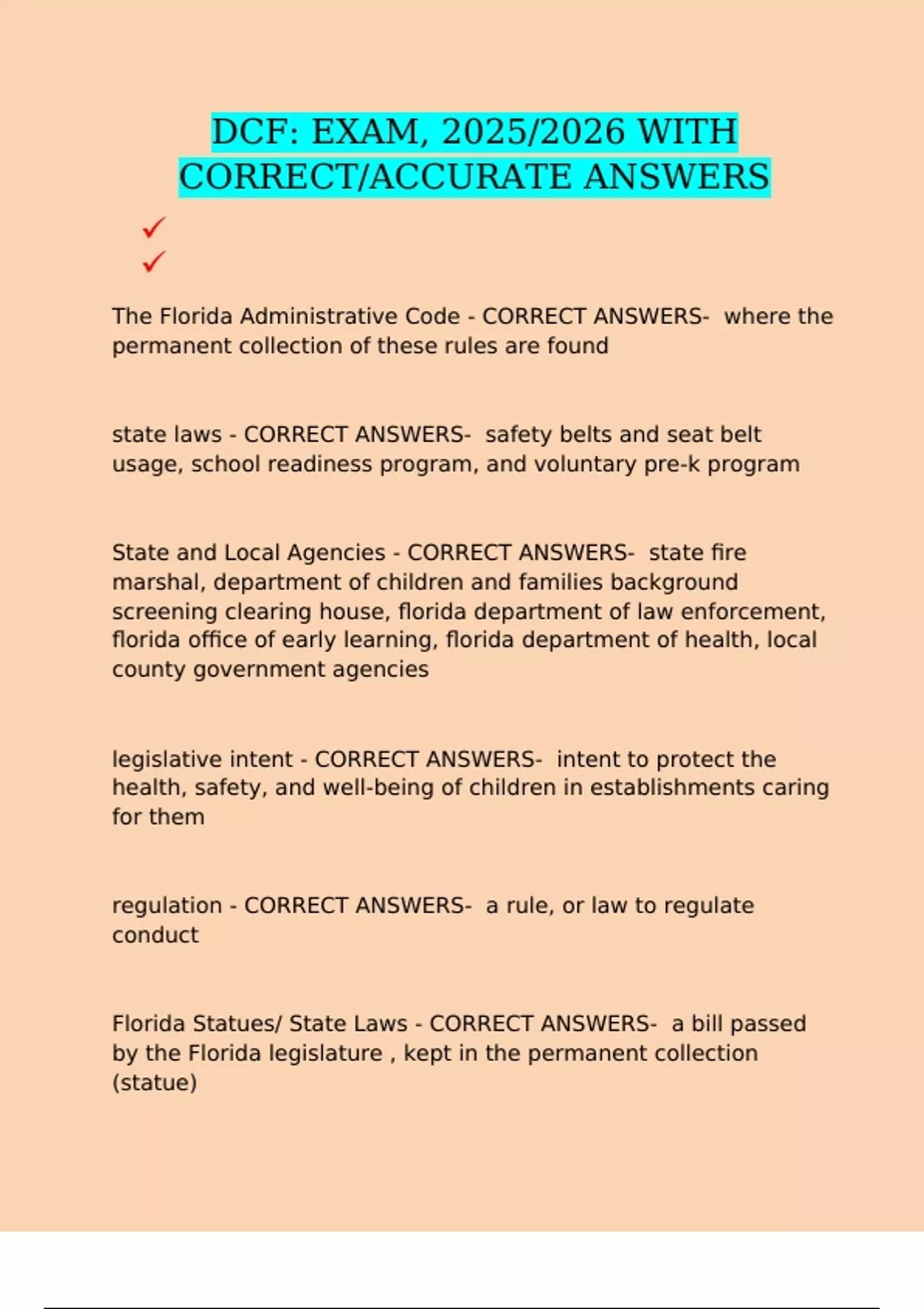 Package deal for EXAM FLORIDA DCF: FLORIDA DCF CHILD CARE 40 HOUR ...