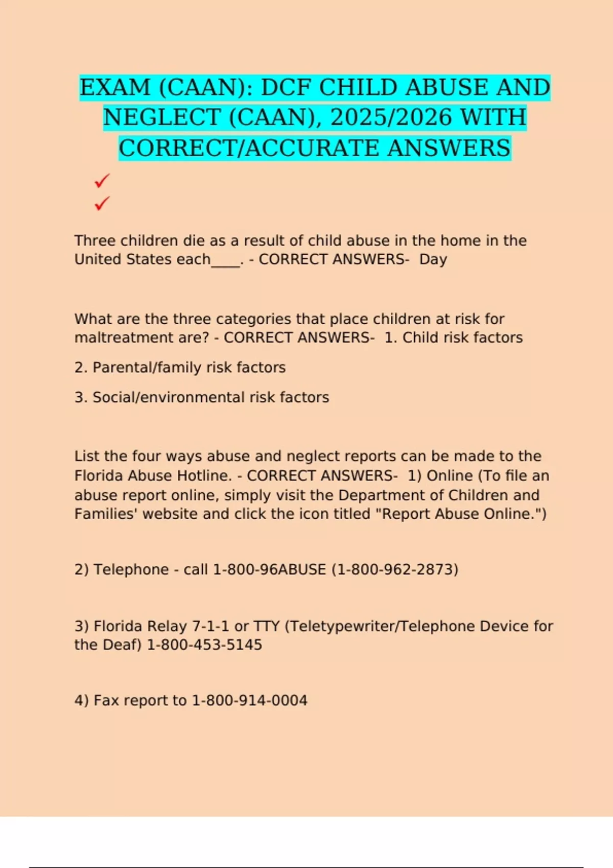 EXAM (CAAN): DCF CHILD ABUSE AND NEGLECT (CAAN), 2025/2026 WITH CORRECT ...