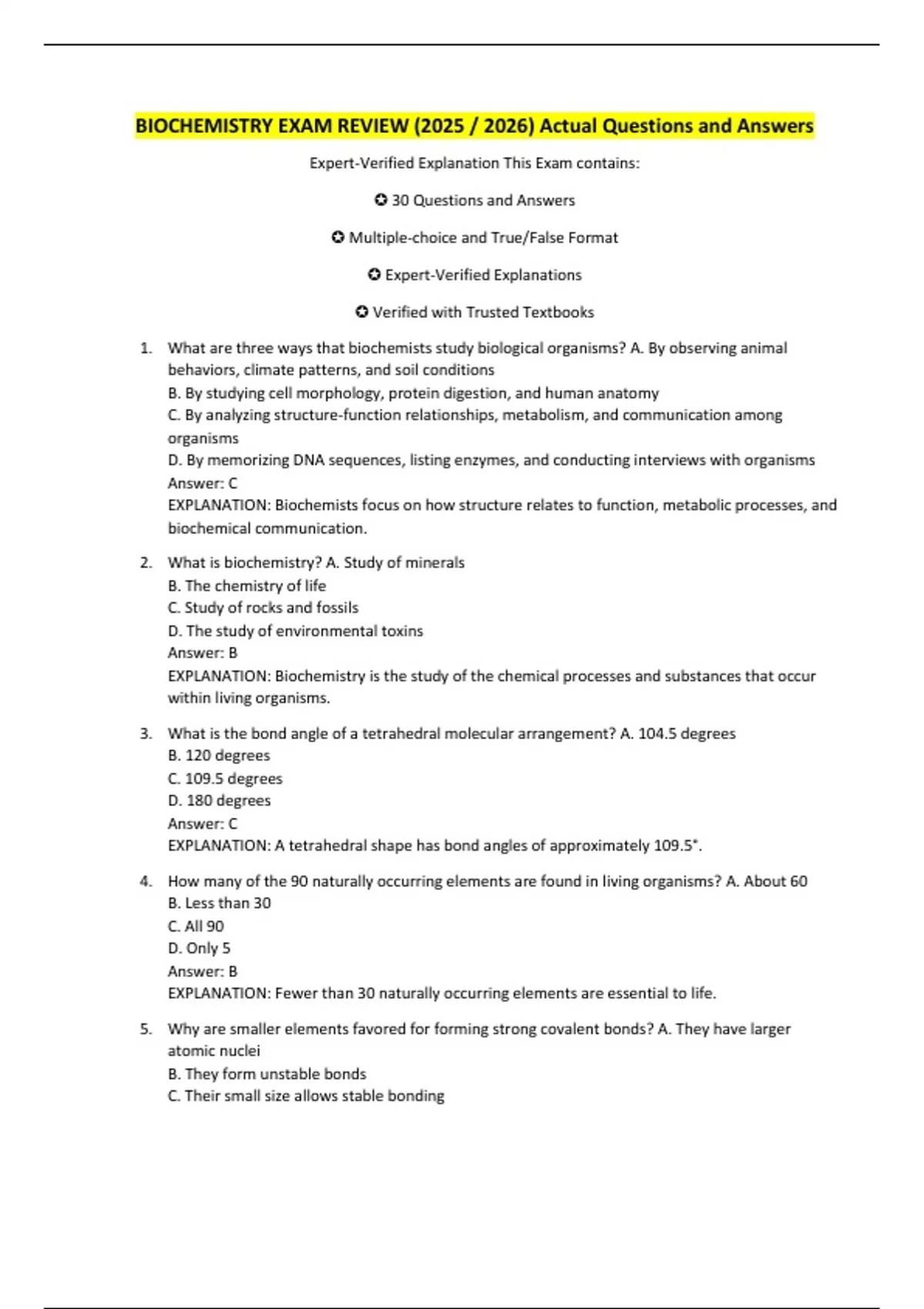 BIOCHEMISTRY EXAM REVIEW (2025 / 2026) Actual Questions and Answers ...