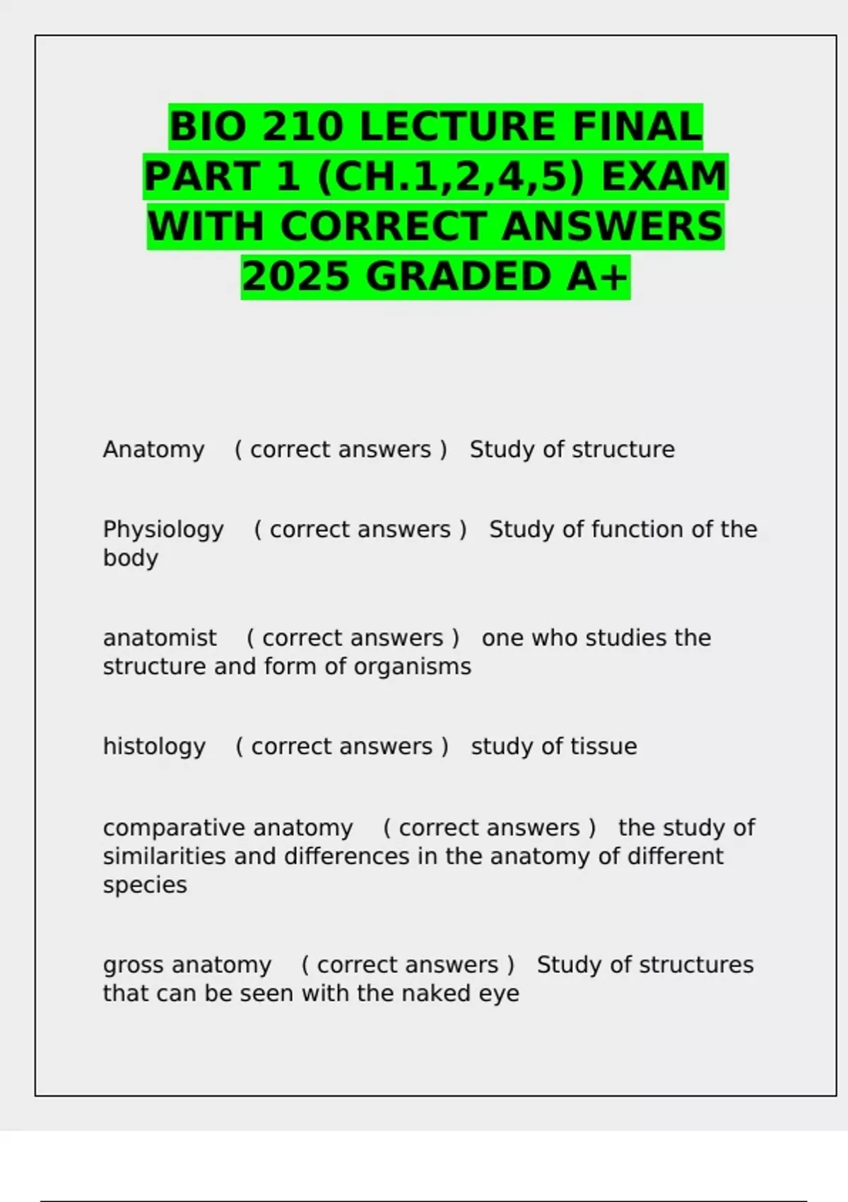 BIO 210 LECTURE FINAL PART 1 (CH.1,2,4,5) EXAM WITH CORRECT ANSWERS ...