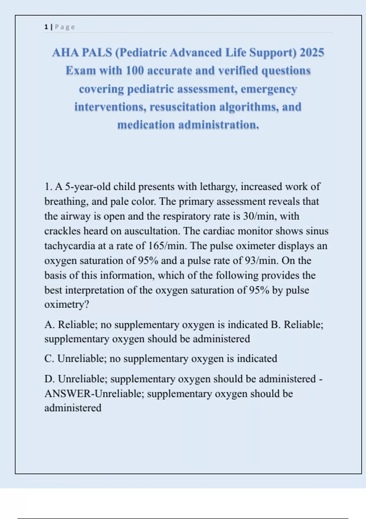 AHA PALS (Pediatric Advanced Life Support) 2025 Exam with 100 accurate ...