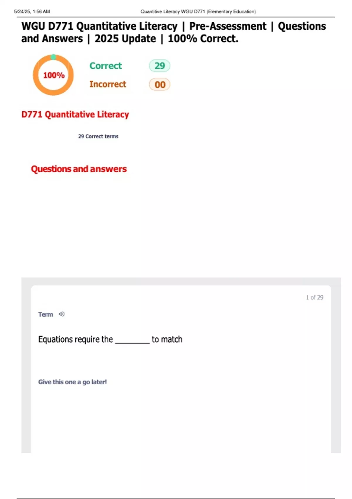 WGU D771 Quantitative Literacy | Pre-Assessment | Questions and Answers ...