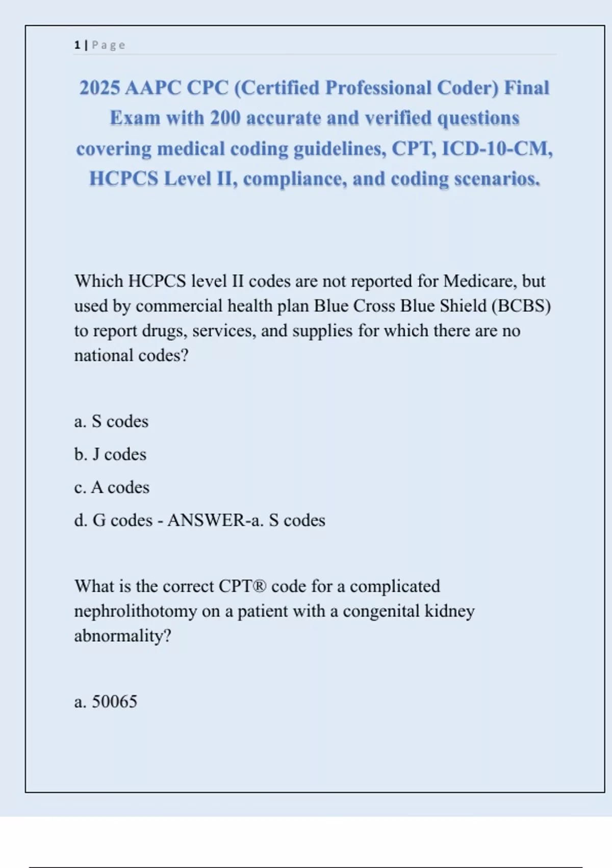 2025 AAPC CPC (Certified Professional Coder) Final Exam with 200 accurate and verified questions ...