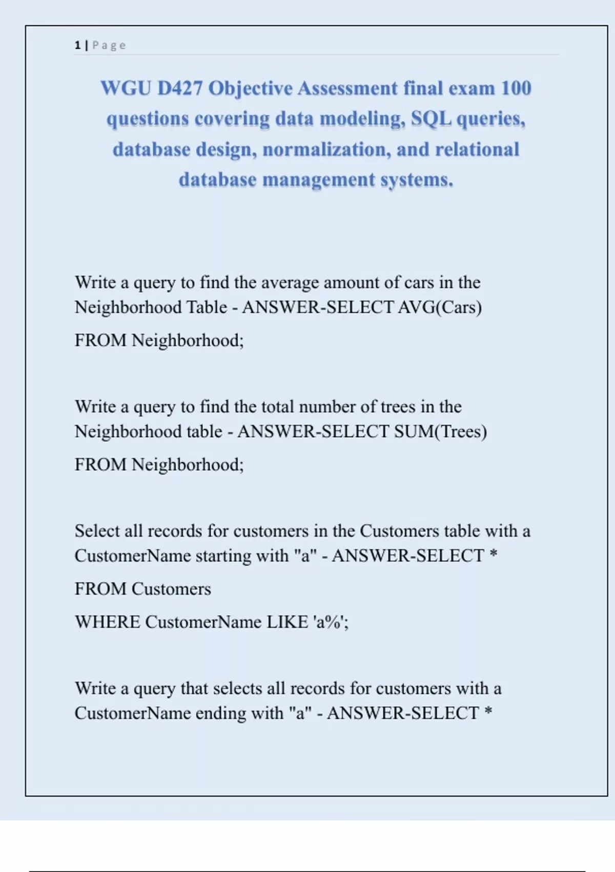 WGU D427 Objective Assessment final exam 100 questions covering data modeling, SQL queries ...