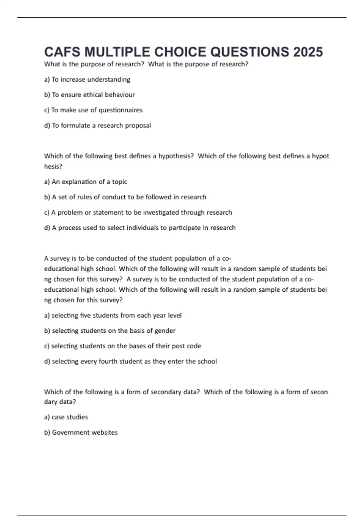 CAFS MULTIPLE CHOICE QUESTIONS 2025 - CAFS - Stuvia US