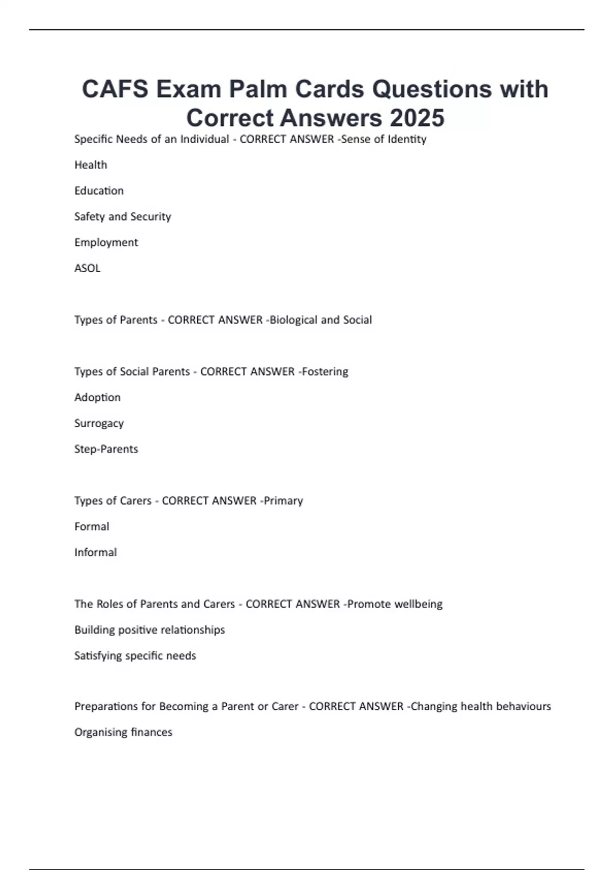 CAFS Exam Palm Cards Questions with Correct Answers 2025 - CAFS - Stuvia US