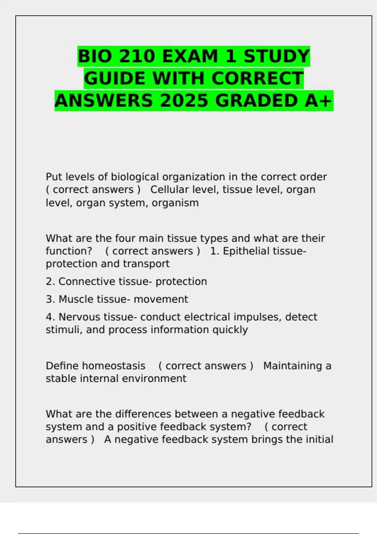 BIO 210 EXAM 1 STUDY GUIDE WITH CORRECT ANSWERS 2025 GRADED A+ - BIO ...