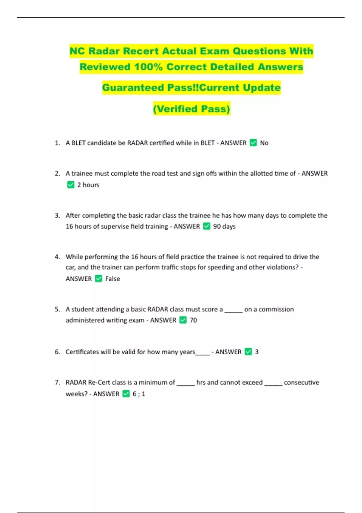 NC Radar Recert Actual Exam Questions With Reviewed 100% Correct ...