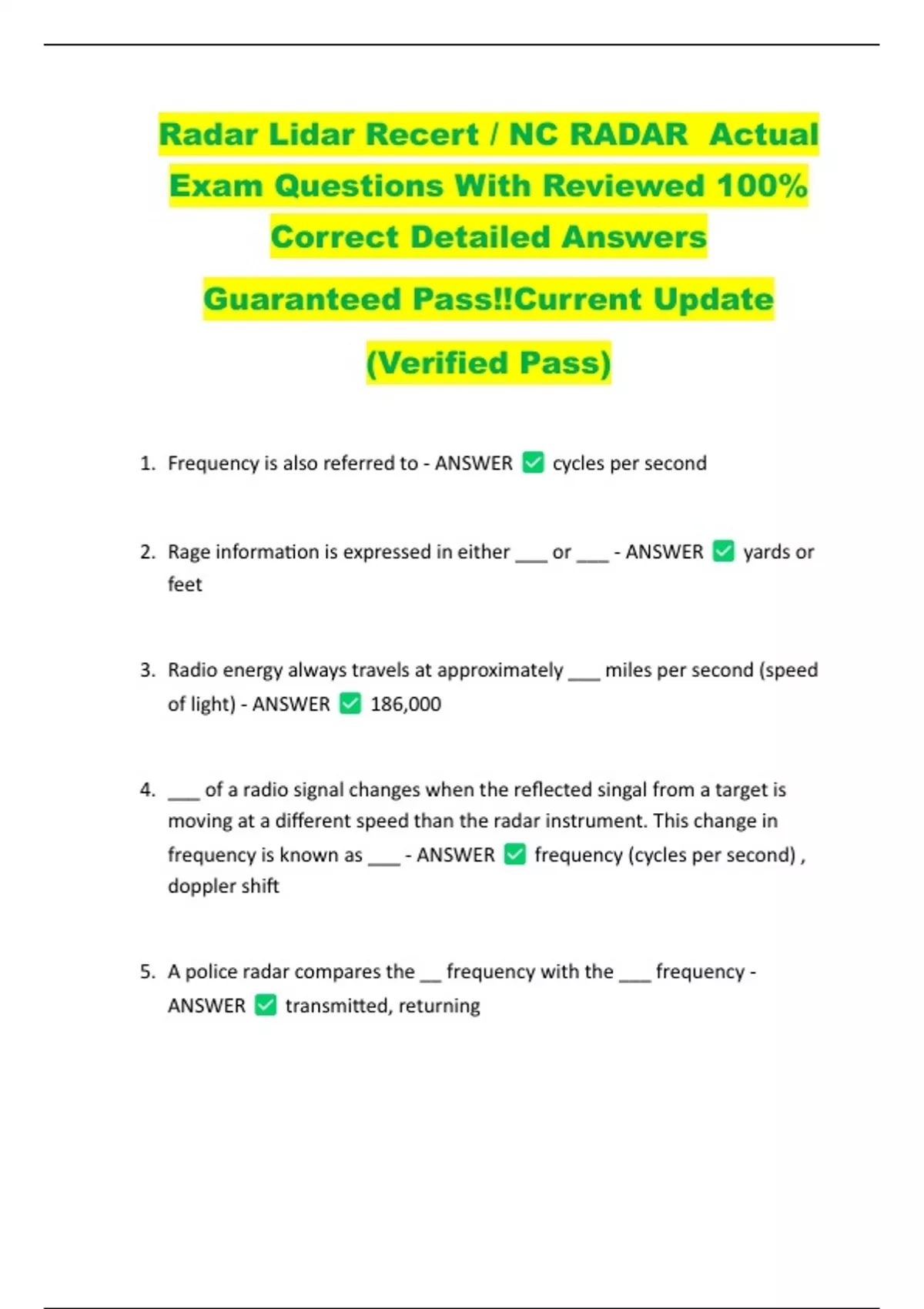 Radar Lidar Recert / NC RADAR Actual Exam Questions With Reviewed 100% ...