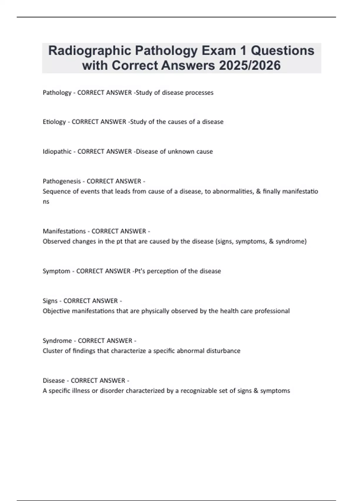 Radiographic Pathology Exam 1 Questions with Correct Answers 2025/2026 ...