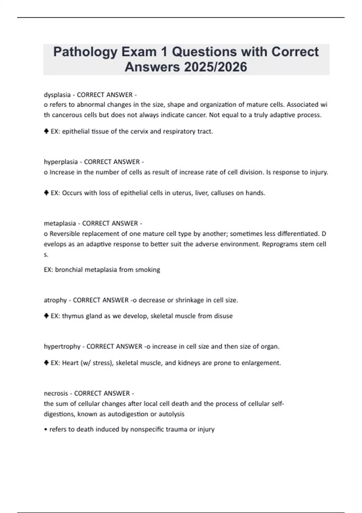 Pathology Exam 1 Questions with Correct Answers 2025/2026 - Pathology ...