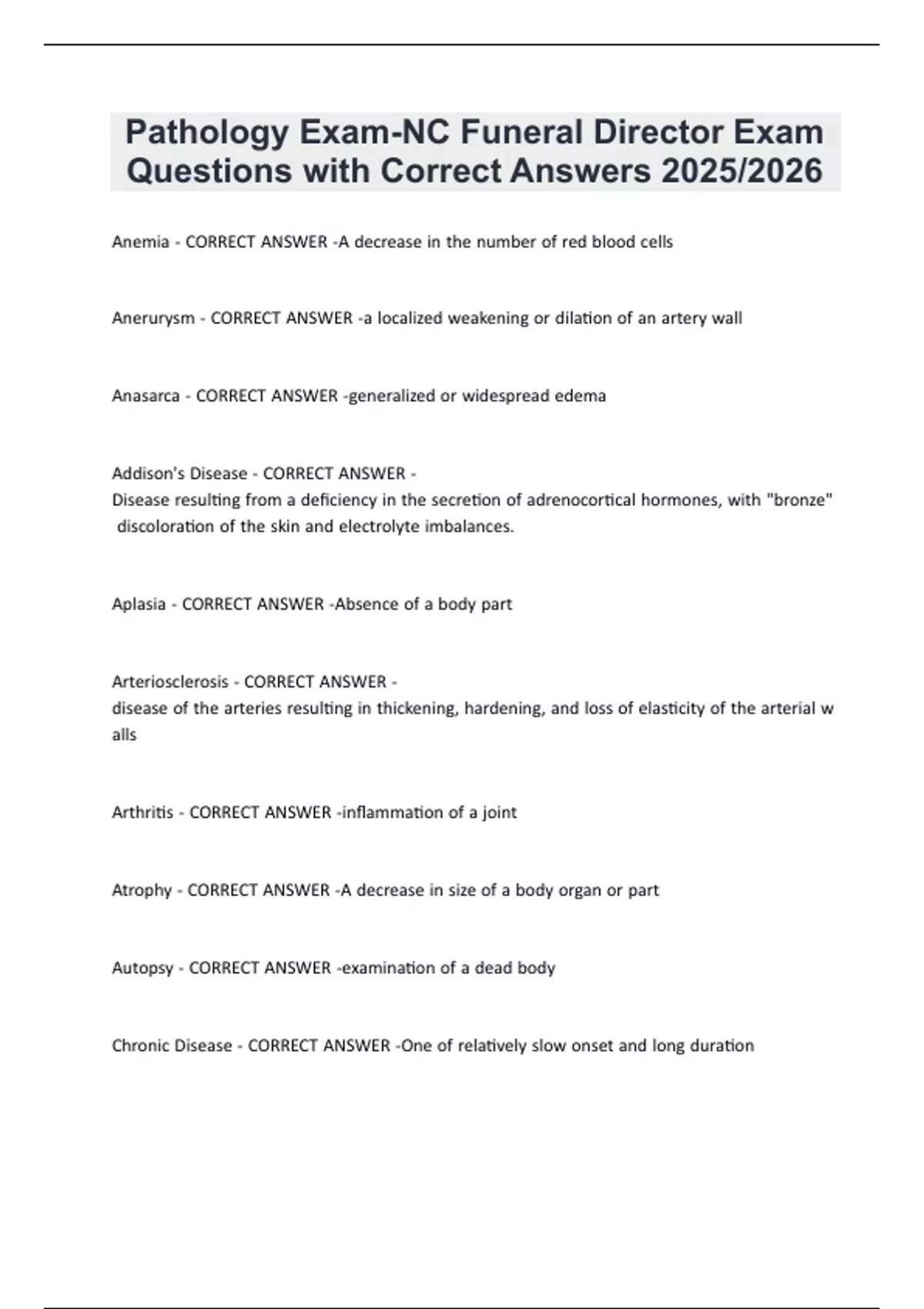 Pathology Exam-NC Funeral Director Exam Questions with Correct Answers ...