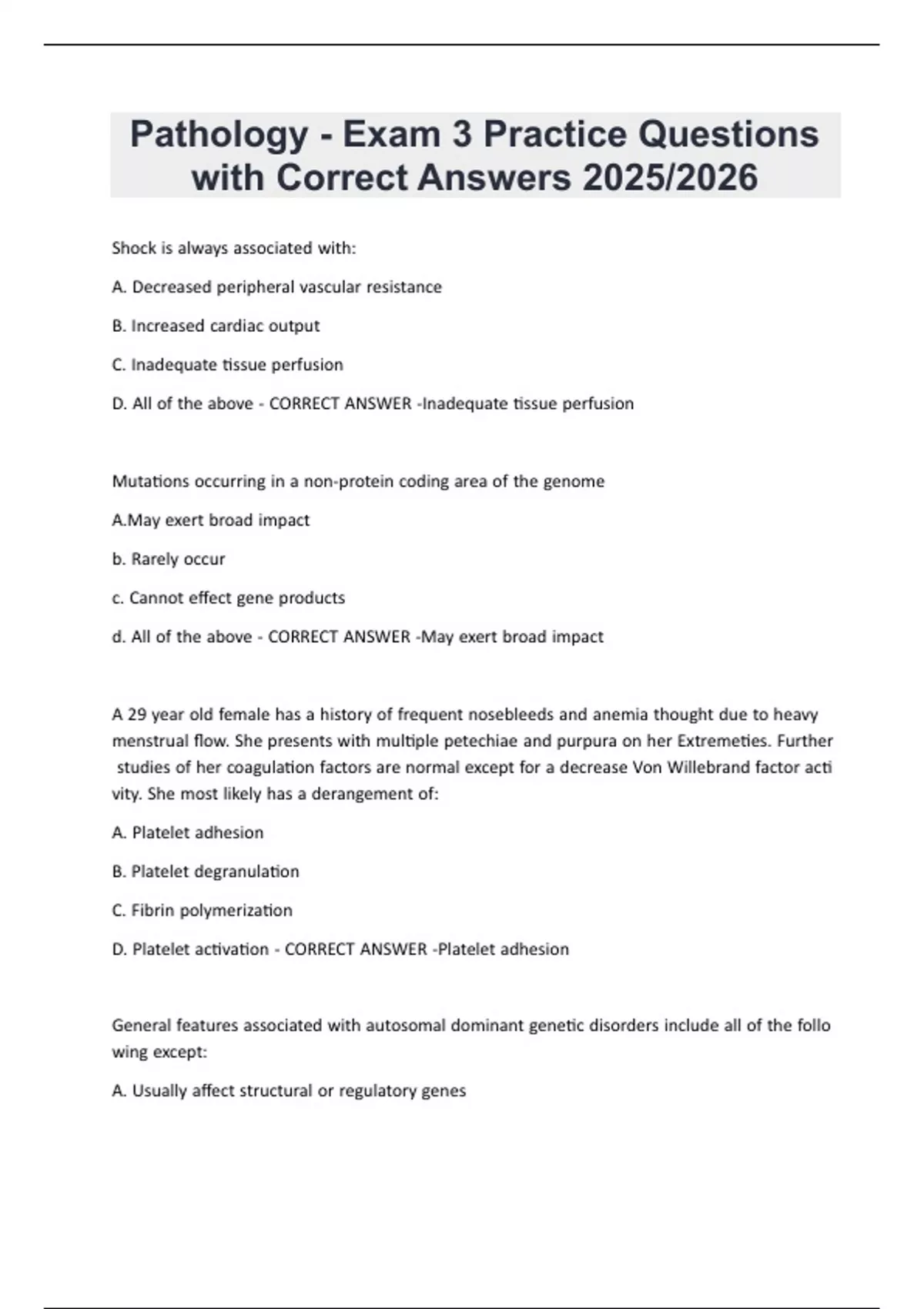 Pathology - Exam 3 Practice Questions with Correct Answers 2025/2026 ...