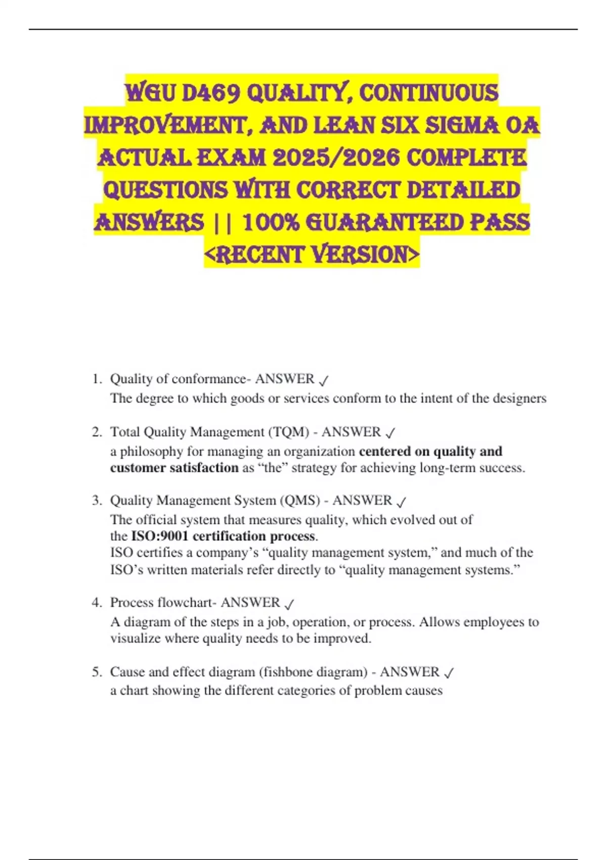 WGU D469 Quality, Continuous Improvement, and Lean Six Sigma OA ACTUAL EXAM 2025/2026 COMPLETE ...