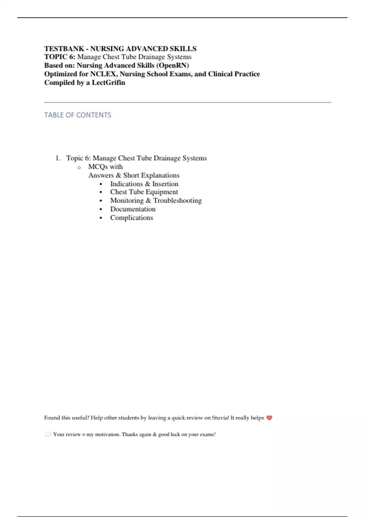 NCLEX Nursing(NURS 330): Chest Tube Management(topic 6) – Test Bank ...