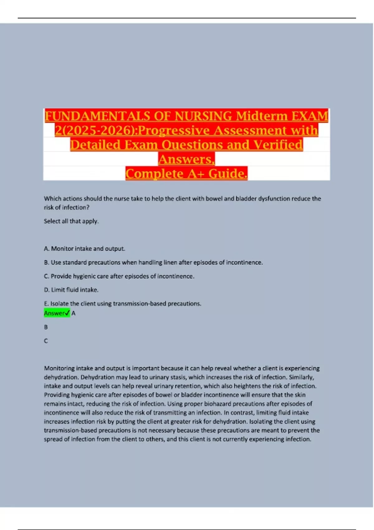 FUNDAMENTALS OF NURSING Midterm EXAM 2():Progressive Assessment with Detailed Exam Questions and ...