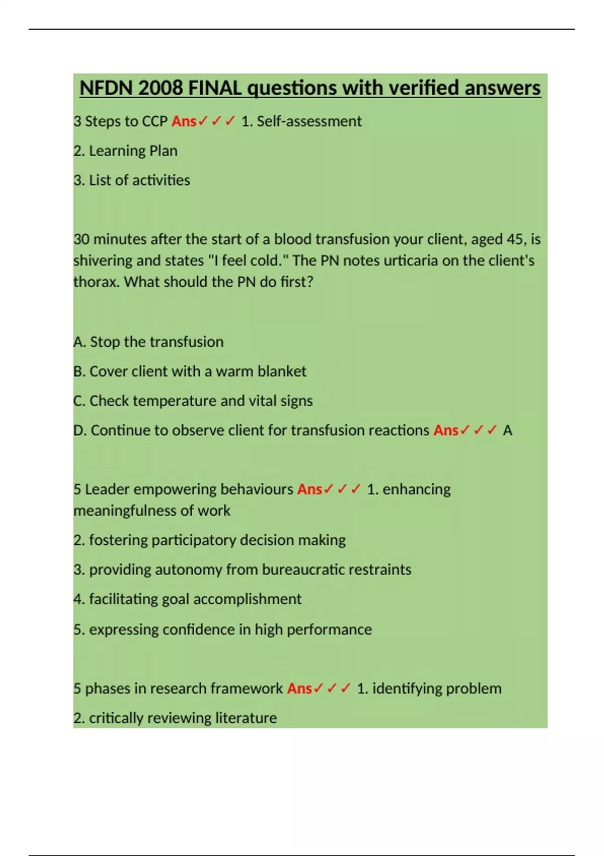 NFDN 2008 – Final Exam Questions with Verified Answers (Expanded ...