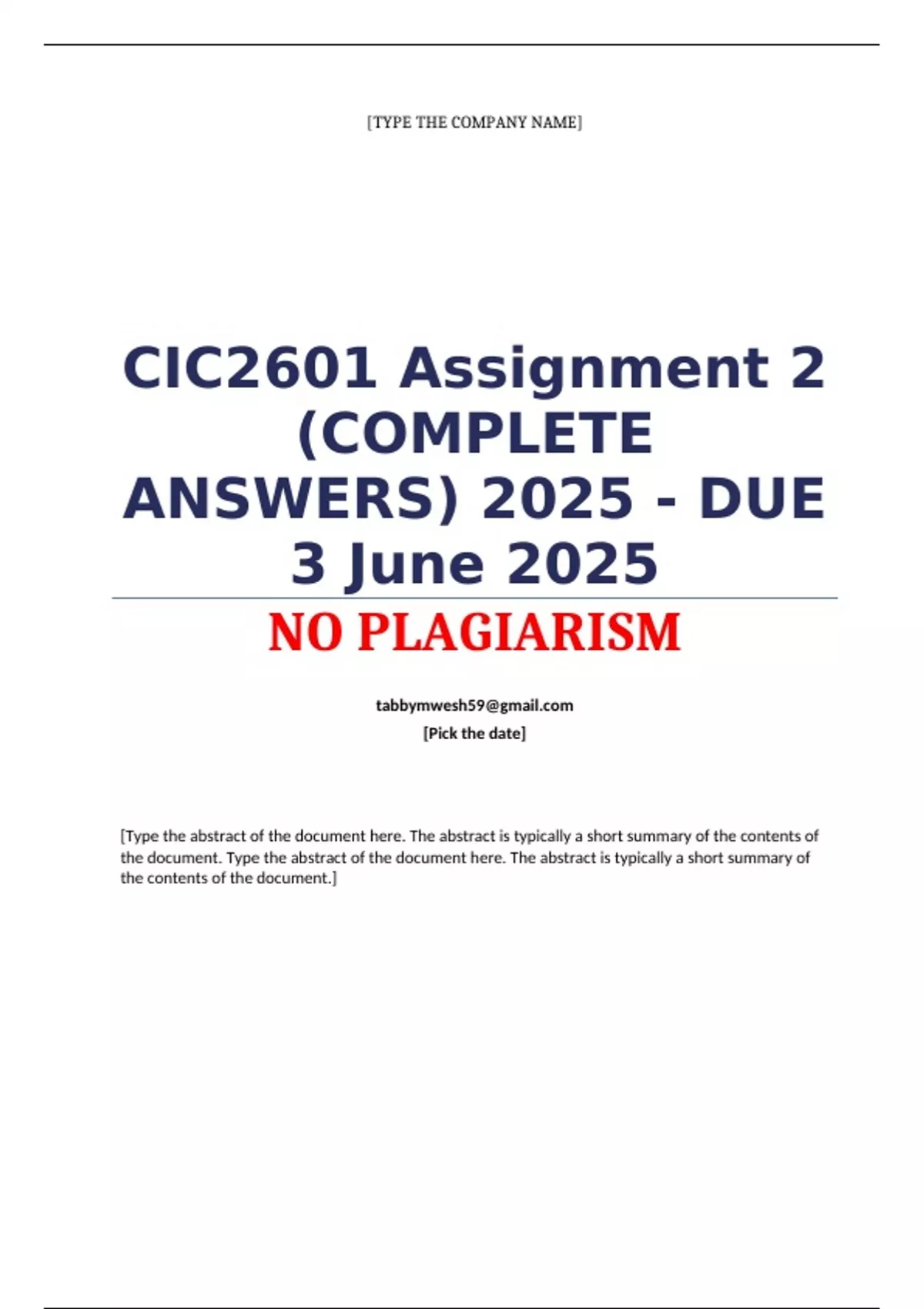 CIC2601 Assignment 2 (COMPLETE ANSWERS) 2025 - DUE 3 June 2025 - CIC2601 - Stuvia SA