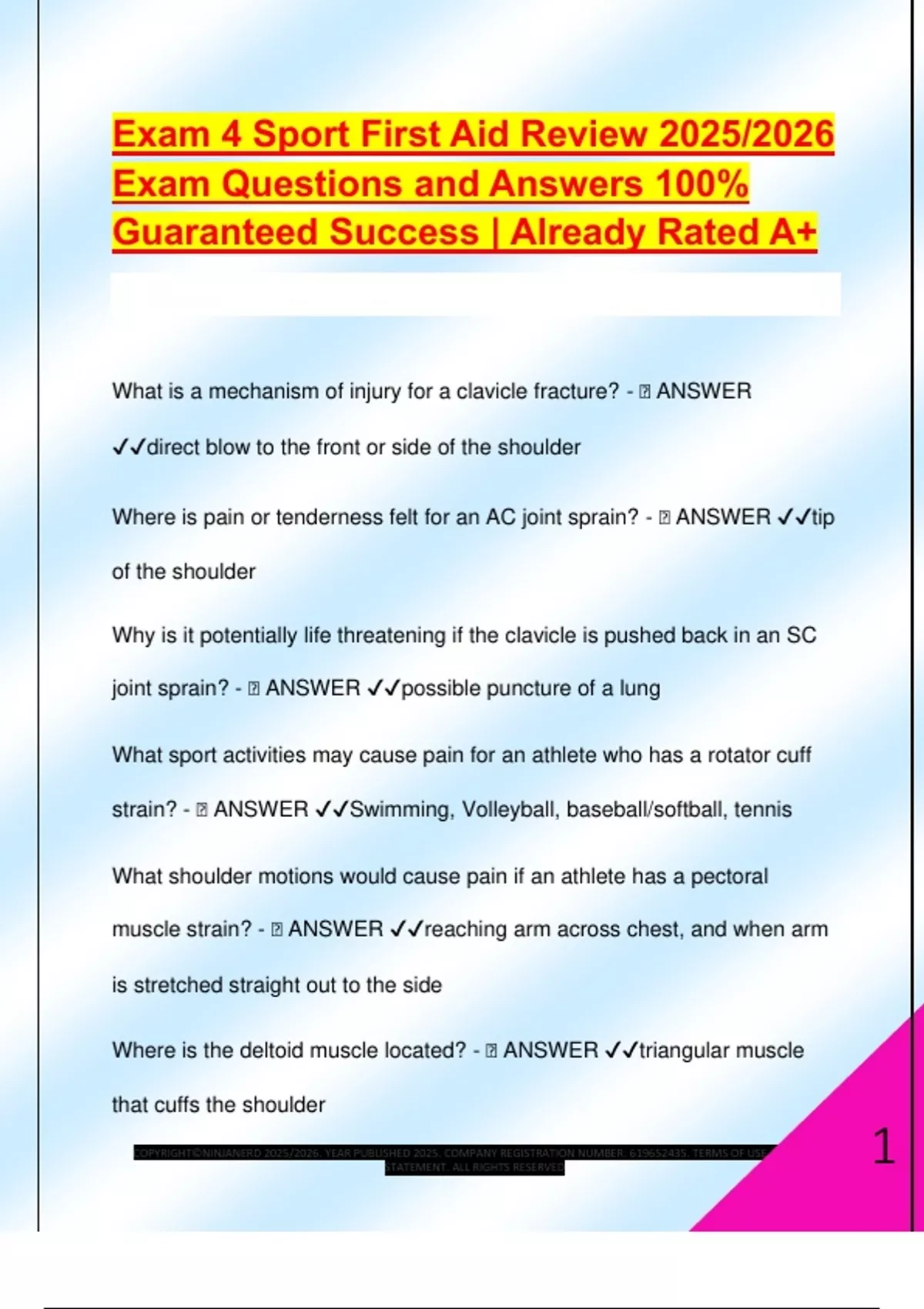 Exam 4 Sport First Aid Review 2025/2026 Exam Questions and Answers 100% Guaranteed Success ...