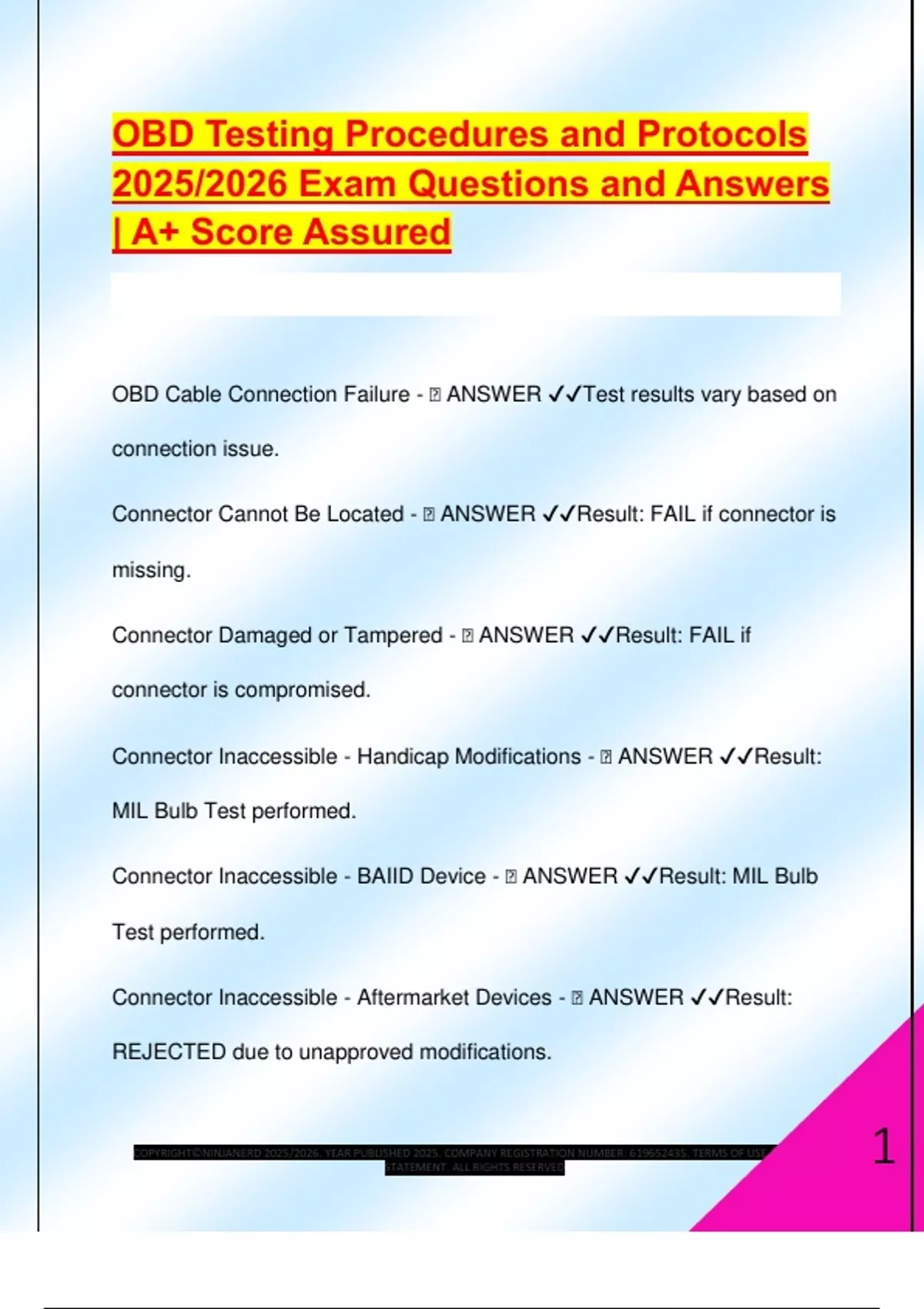 OBD Testing Procedures and Protocols 2025/2026 Exam Questions and ...