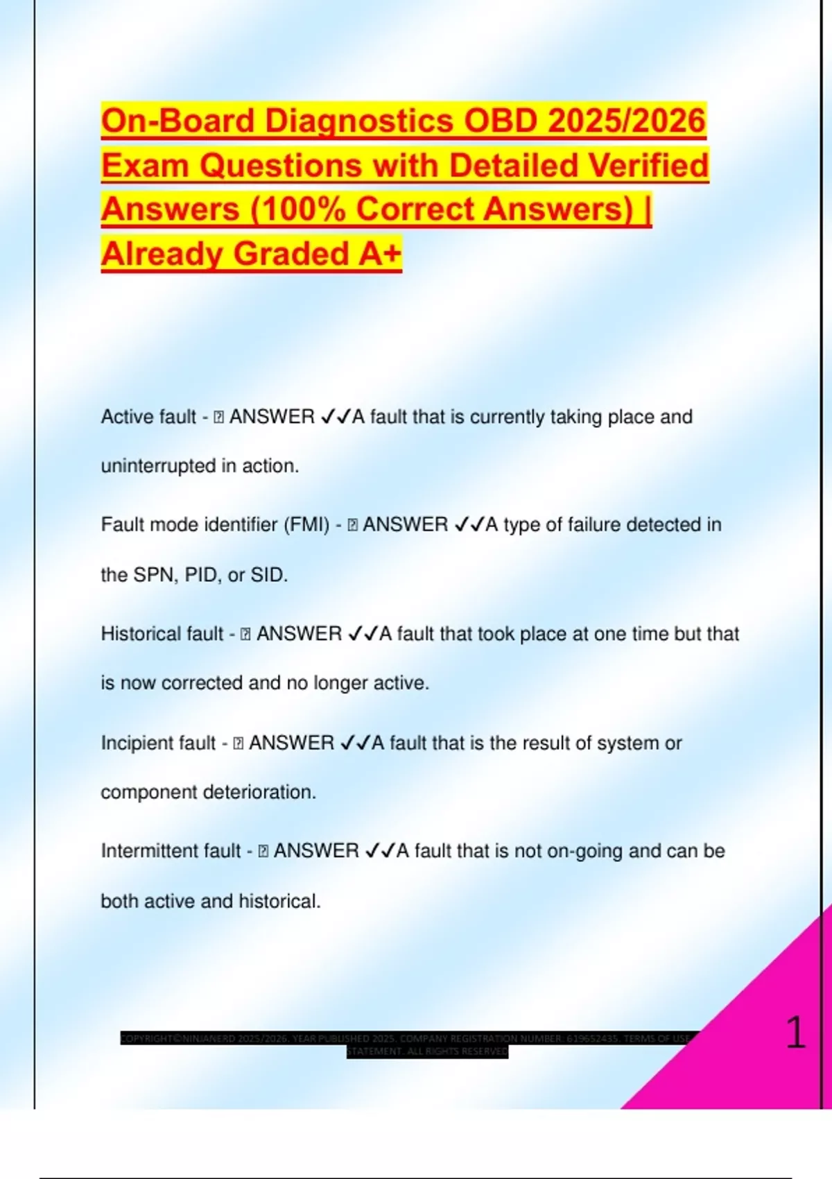 On-Board Diagnostics OBD 2025/2026 Exam Questions with Detailed Verified Answers (100% Correct ...