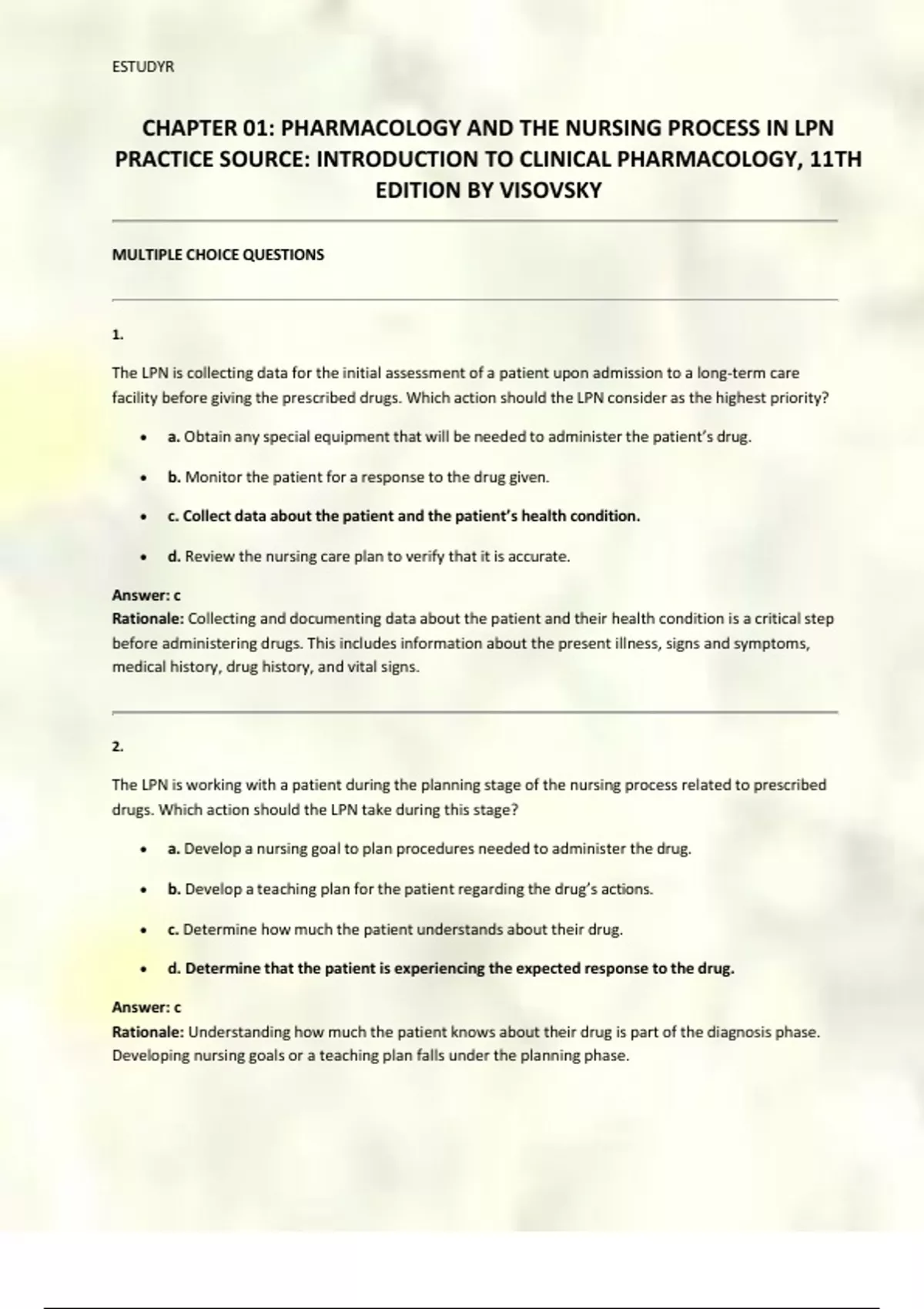 CHAPTER 01: PHARMACOLOGY AND THE NURSING PROCESS IN LPN PRACTICE SOURCE: INTRODUCTION TO ...