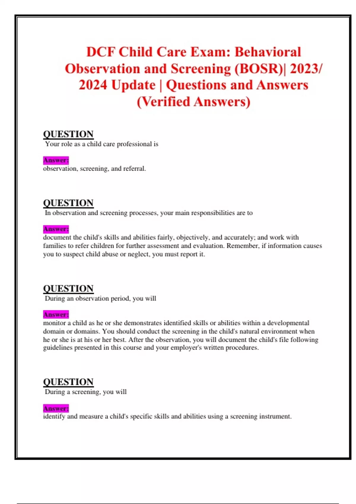 DCF Child Care Exam: Behavioral Observation and Screening (BOSR)| 2023/ ...