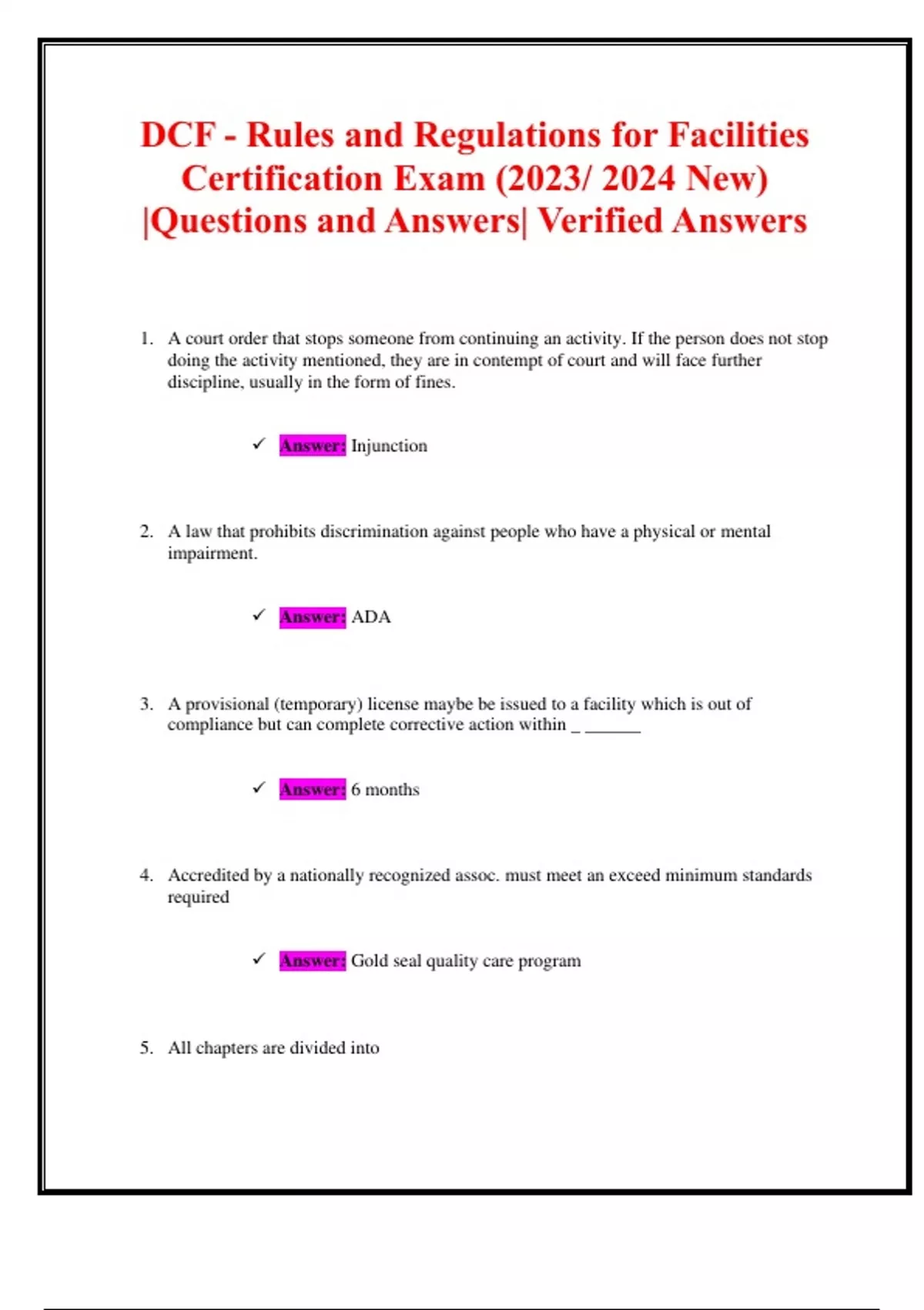 DCF - Rules and Regulations for Facilities Certification Exam (2023/ ...