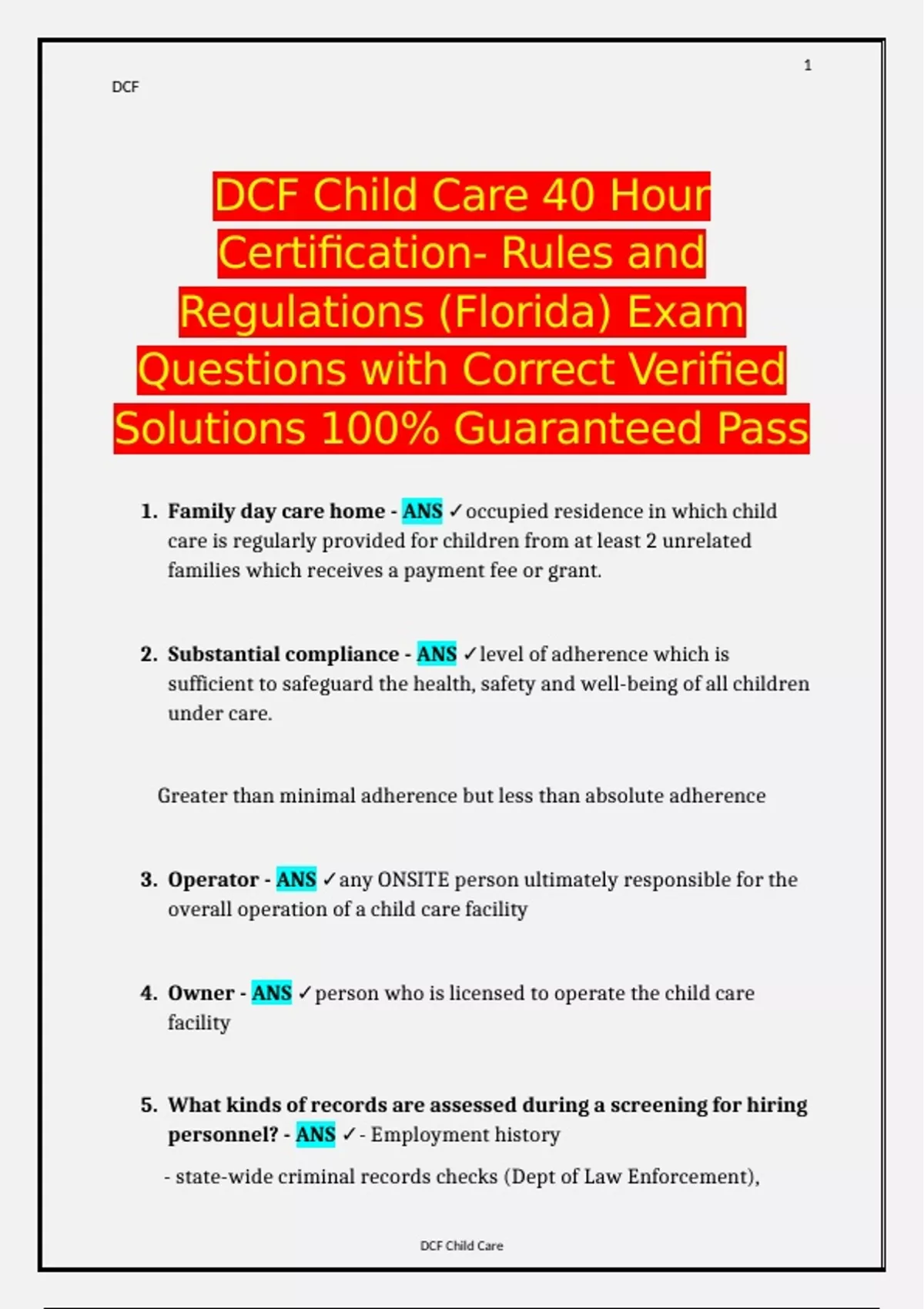 DCF Child Care 40 Hour Certification- Rules and Regulations (Florida) Exam Questions with ...
