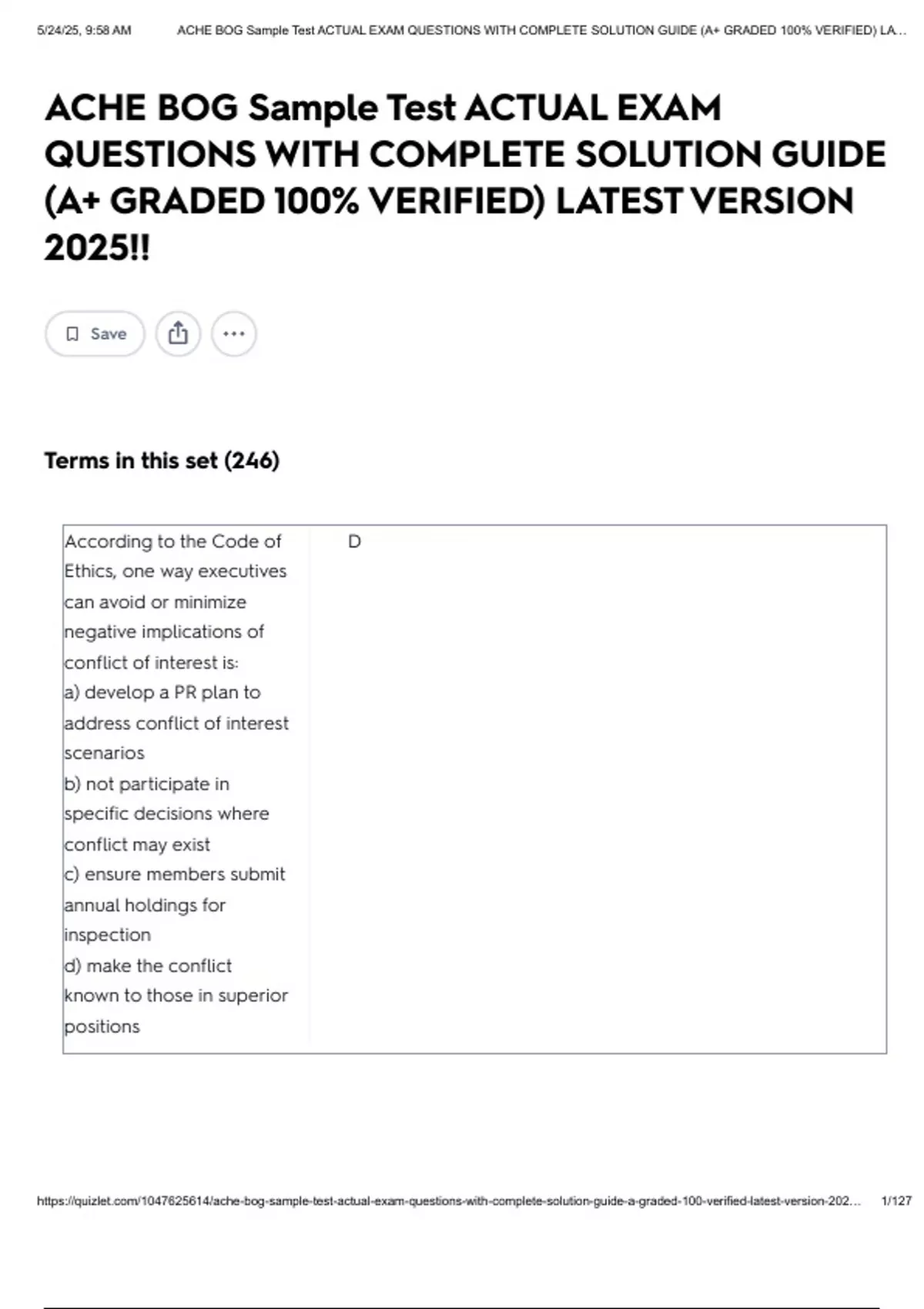 ACHE BOG Sample Test ACTUAL EXAM QUESTIONS WITH COMPLETE SOLUTION GUIDE ...