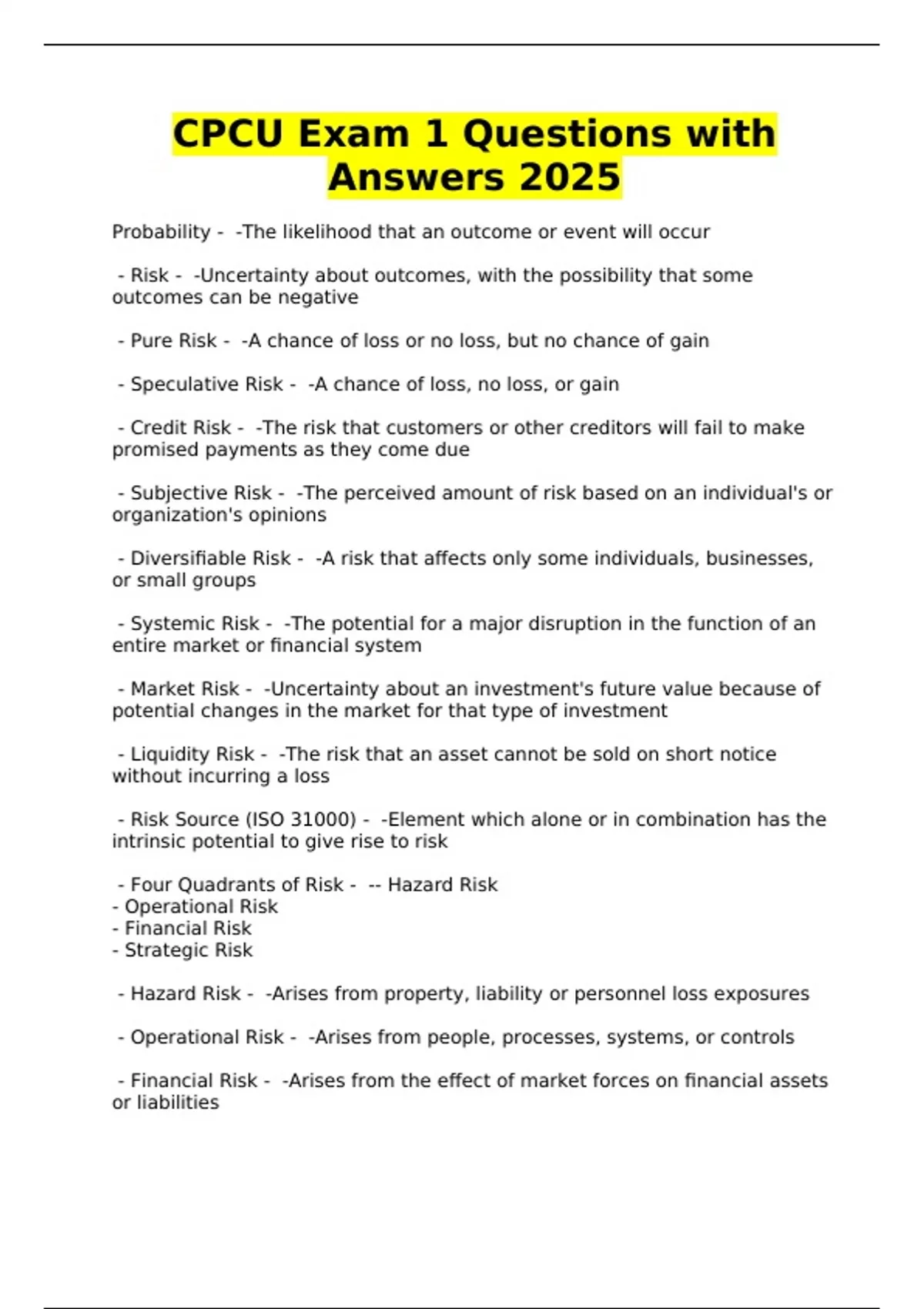 CPCU Exam 1 Questions with Answers 2025 - CPCU - Stuvia US