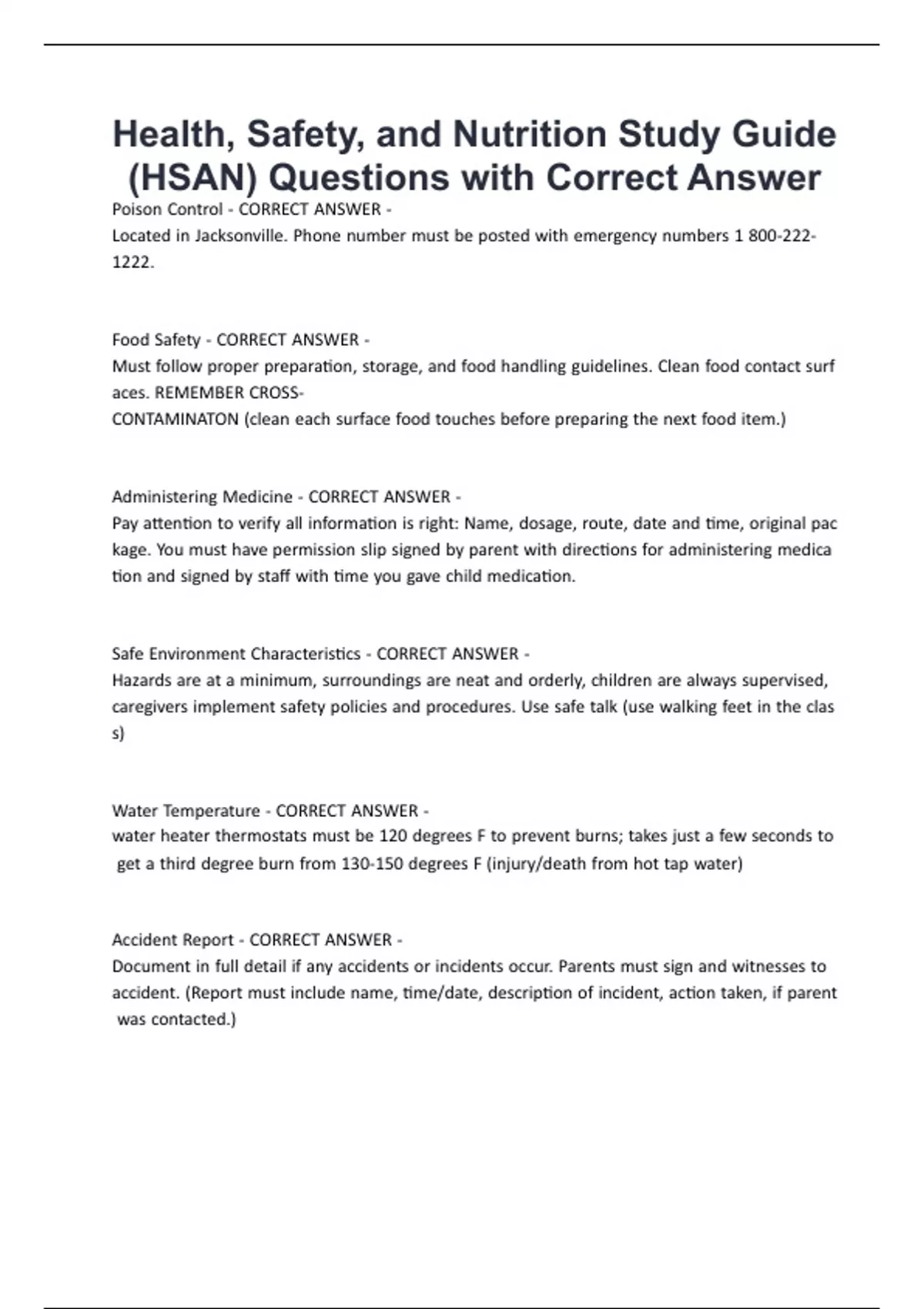 Health, Safety, and Nutrition Study Guide (HSAN) Questions with Correct ...