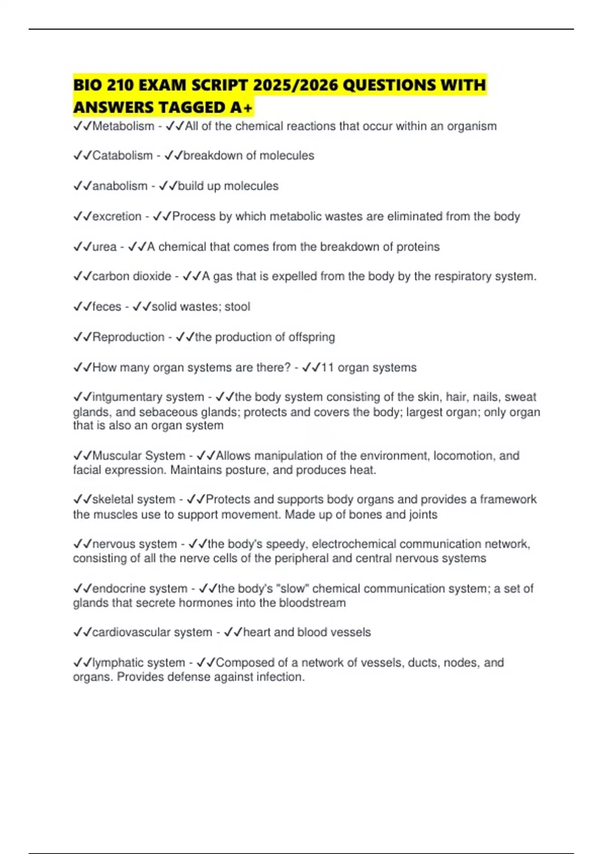 BIO 210 EXAM SCRIPT 2025/2026 QUESTIONS WITH ANSWERS TAGGED A+ - BIO ...