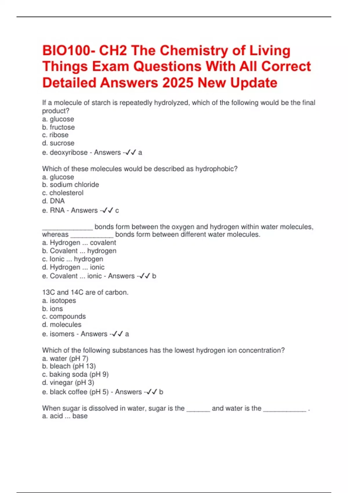 BIO100- CH2 The Chemistry of Living Things Exam Questions With All ...