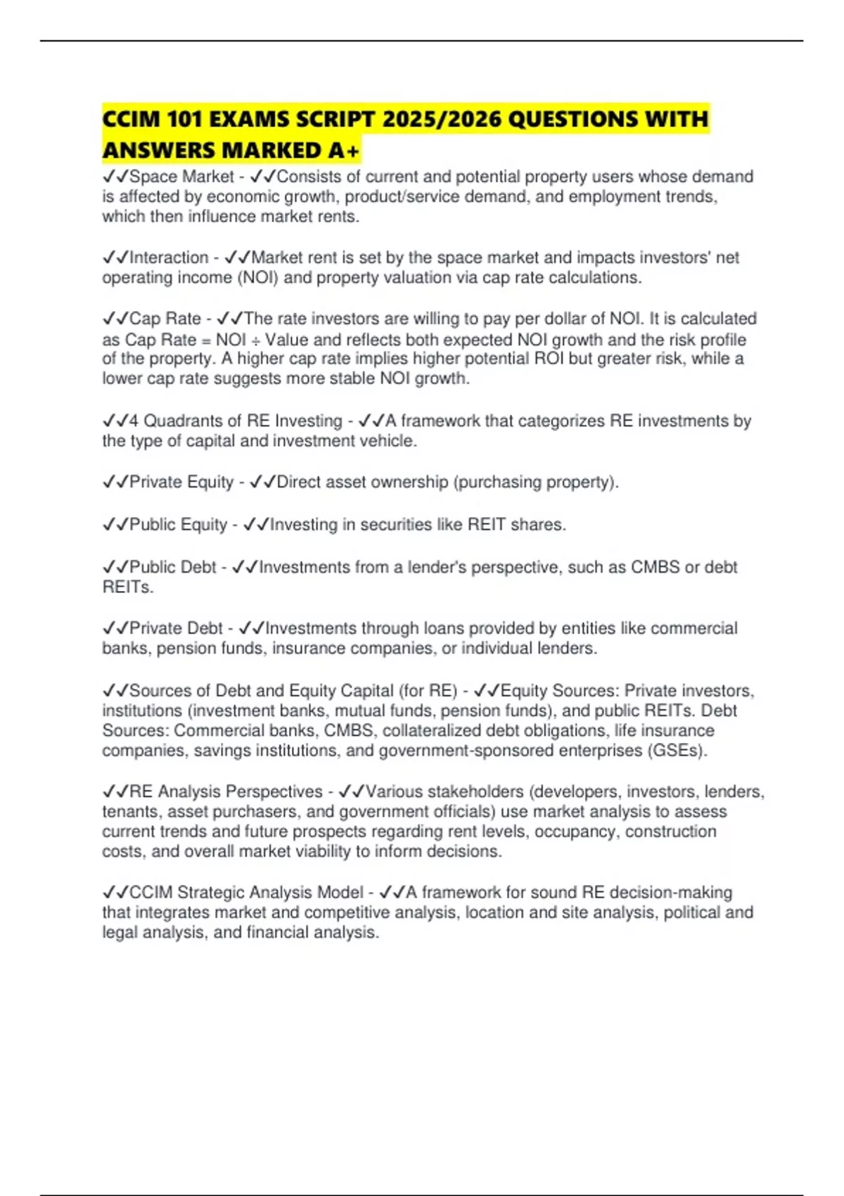 CCIM 101 EXAMS SCRIPT 2025/2026 QUESTIONS WITH ANSWERS MARKED A+ - CCIM 101 - Stuvia US