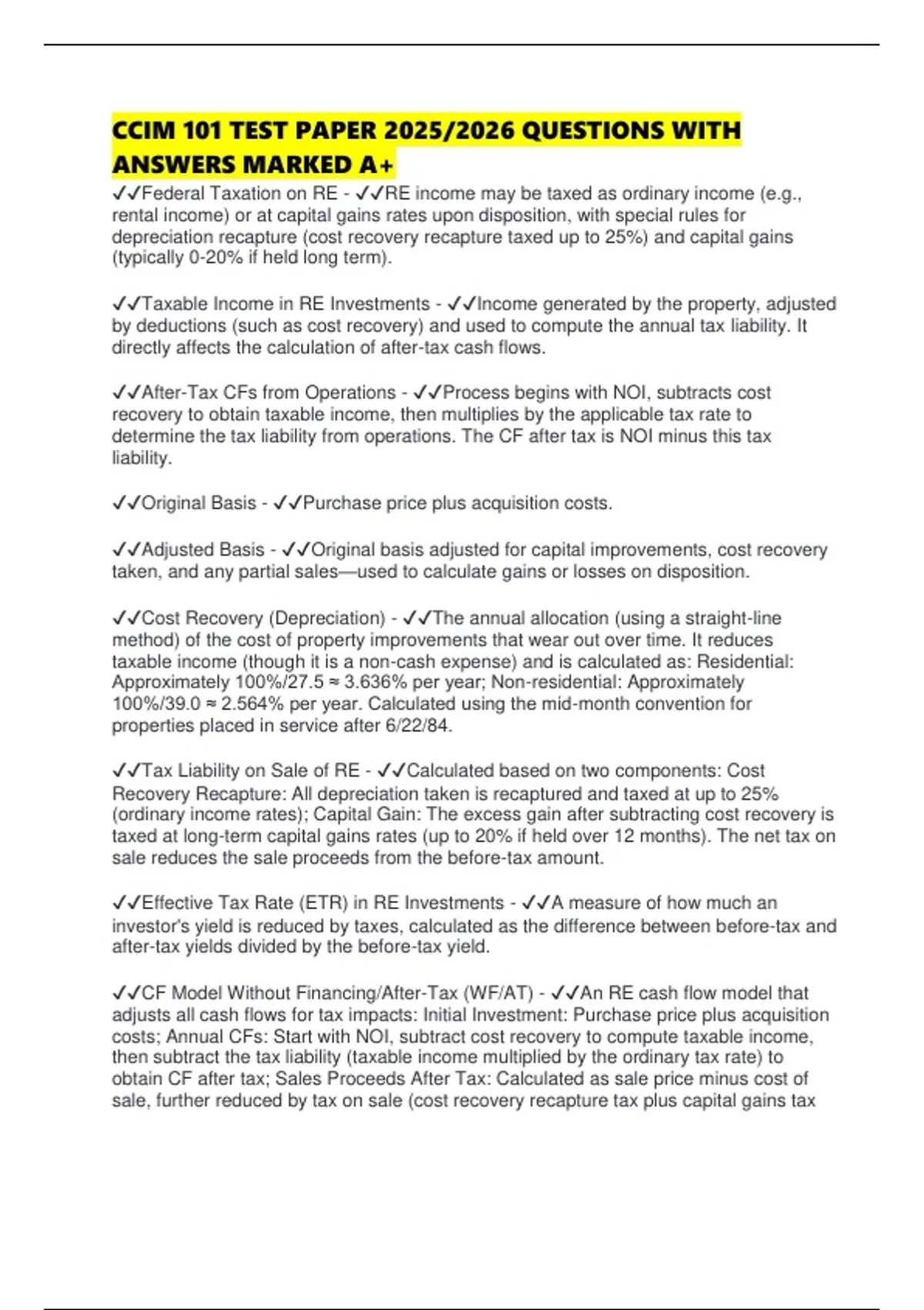 CCIM 101 TEST PAPER 2025/2026 QUESTIONS WITH ANSWERS MARKED A+ - CCIM ...