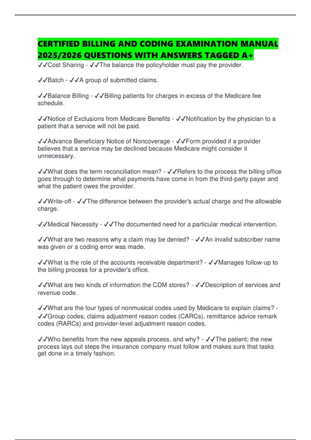 CERTIFIED BILLING AND CODING EXAMINATION MANUAL 2025/2026 QUESTIONS WITH ANSWERS TAGGED A+ ...