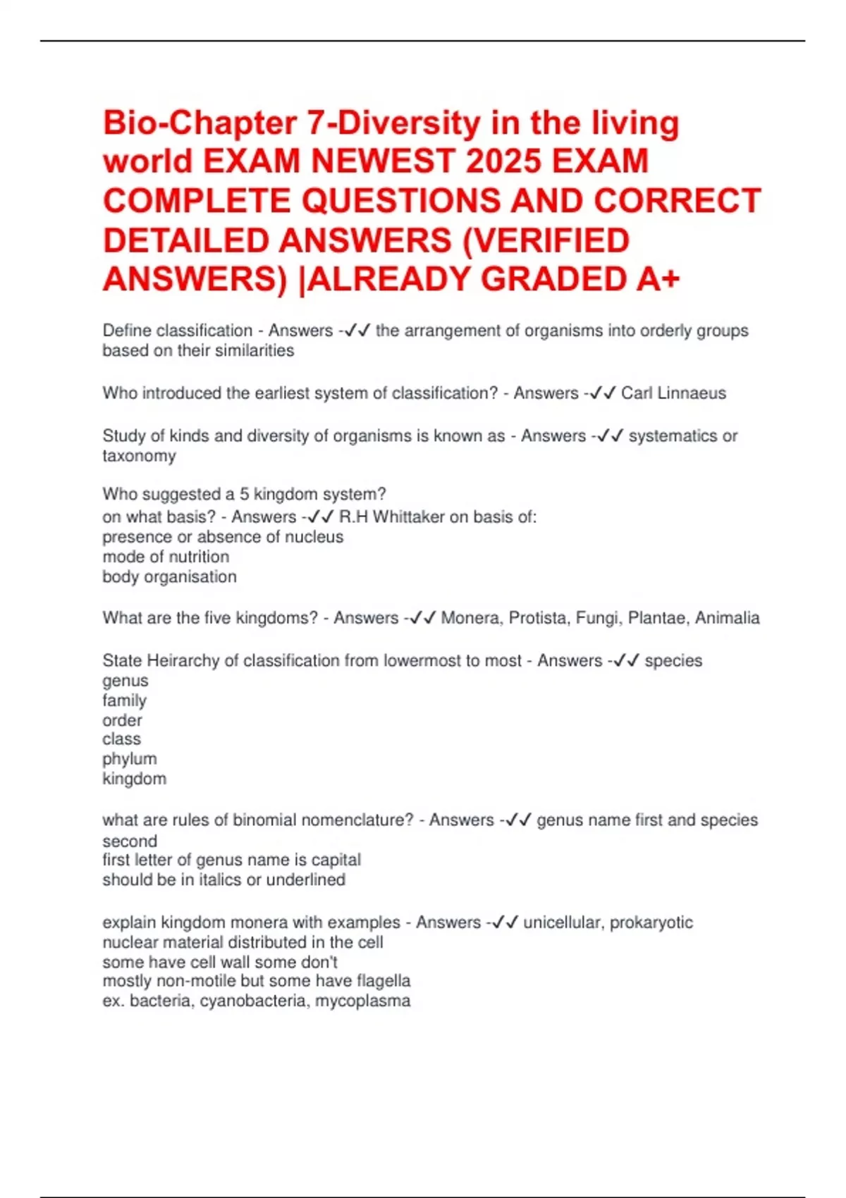 Bio-Chapter 7-Diversity in the living world EXAM NEWEST 2025 EXAM ...
