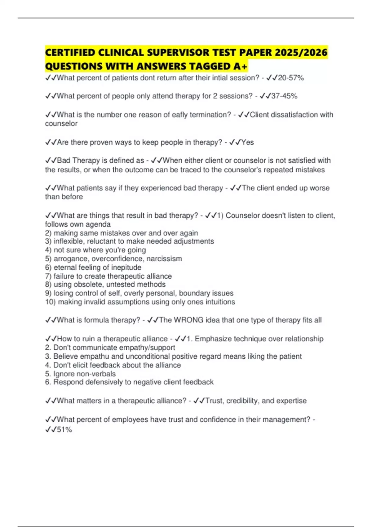 CERTIFIED CLINICAL SUPERVISOR TEST PAPER 2025/2026 QUESTIONS WITH ...