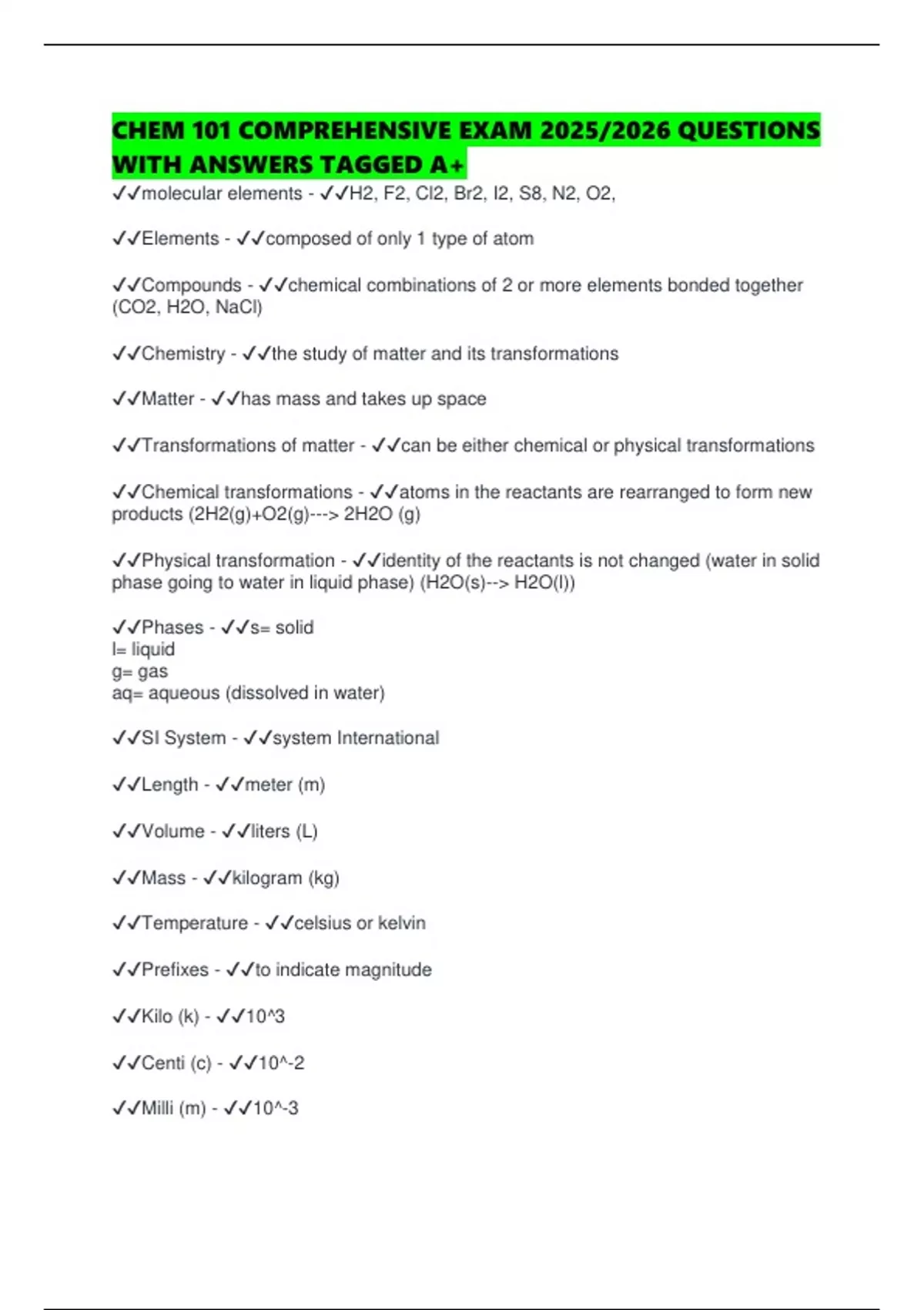 CHEM 101 COMPREHENSIVE EXAM 2025/2026 QUESTIONS WITH ANSWERS TAGGED A+ ...