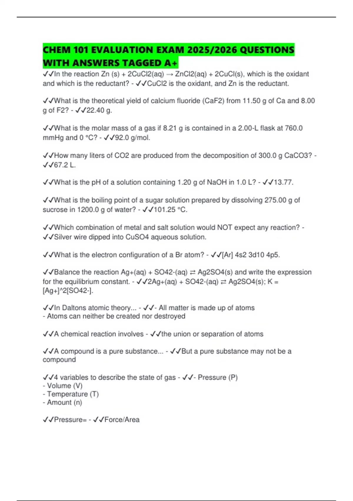CHEM 101 EVALUATION EXAM 2025/2026 QUESTIONS WITH ANSWERS TAGGED A+ - CHEM 101 - Stuvia US