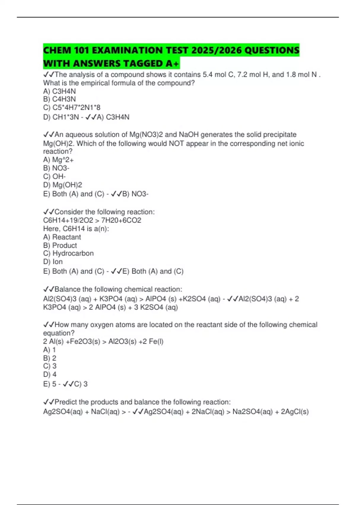 CHEM 101 EXAMINATION TEST 2025/2026 QUESTIONS WITH ANSWERS TAGGED A+ ...