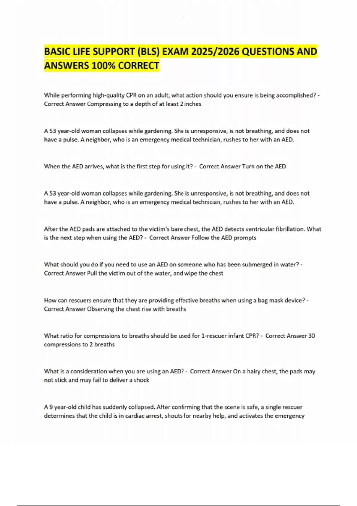 BASIC LIFE SUPPORT (BLS) EXAM 2025/2026 QUESTIONS AND ANSWERS 100% ...