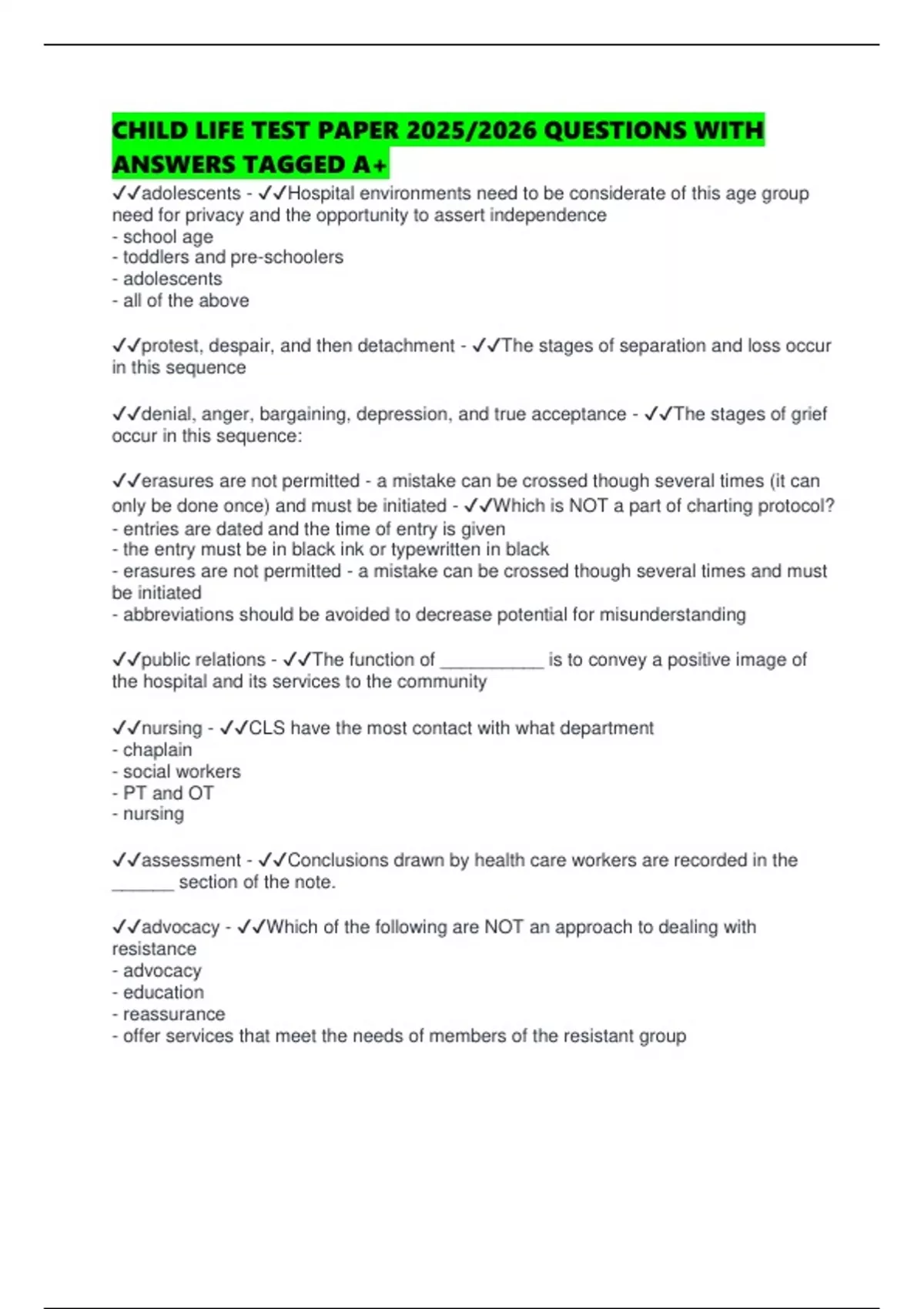 CHILD LIFE TEST PAPER 2025.pdf - CHILD LIFE - Stuvia US
