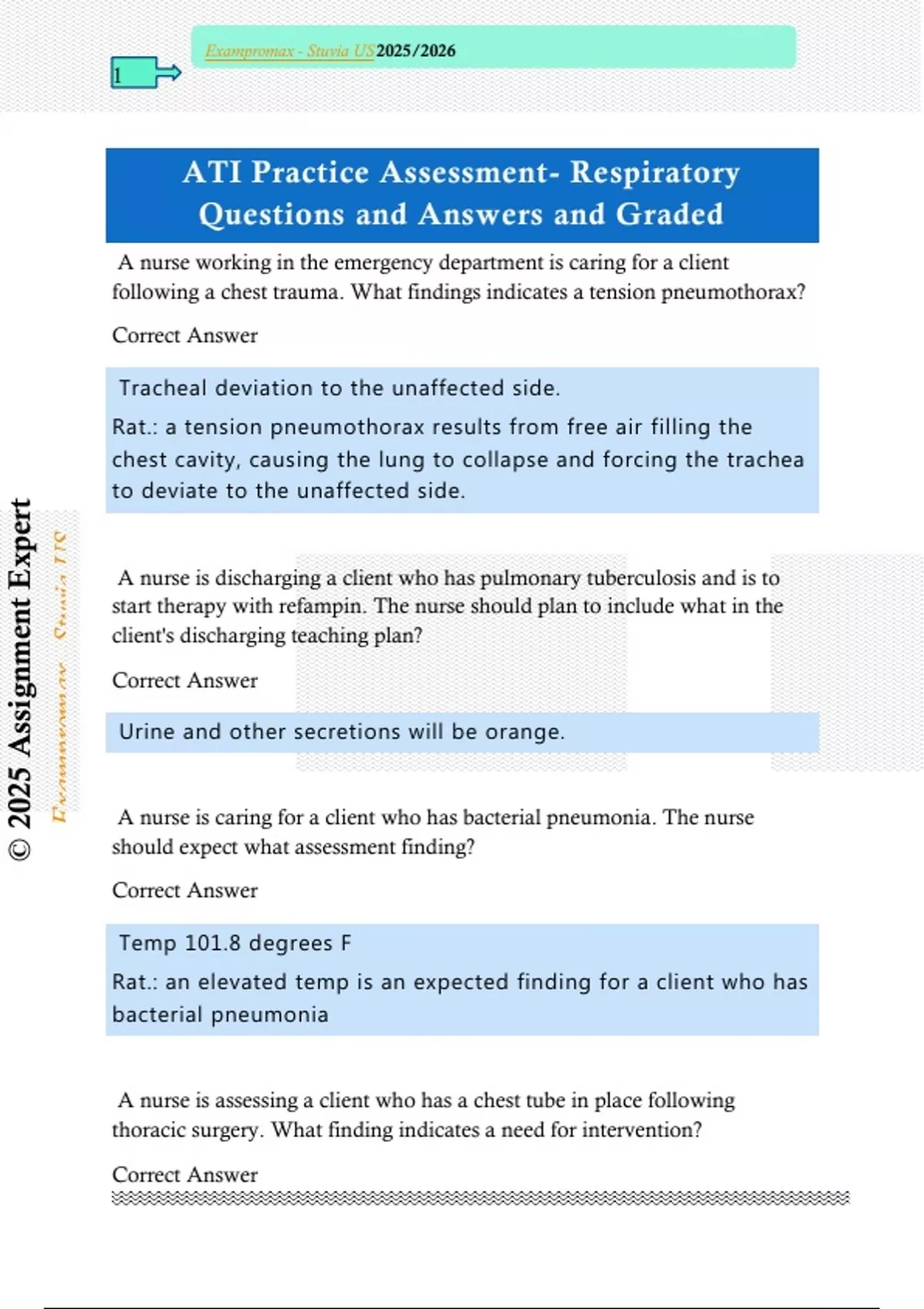 ATI Practice Assessment- Respiratory Questions and Answers and Graded ...